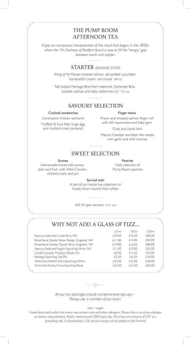 Menu at The Pump Room Restaurant, Bath