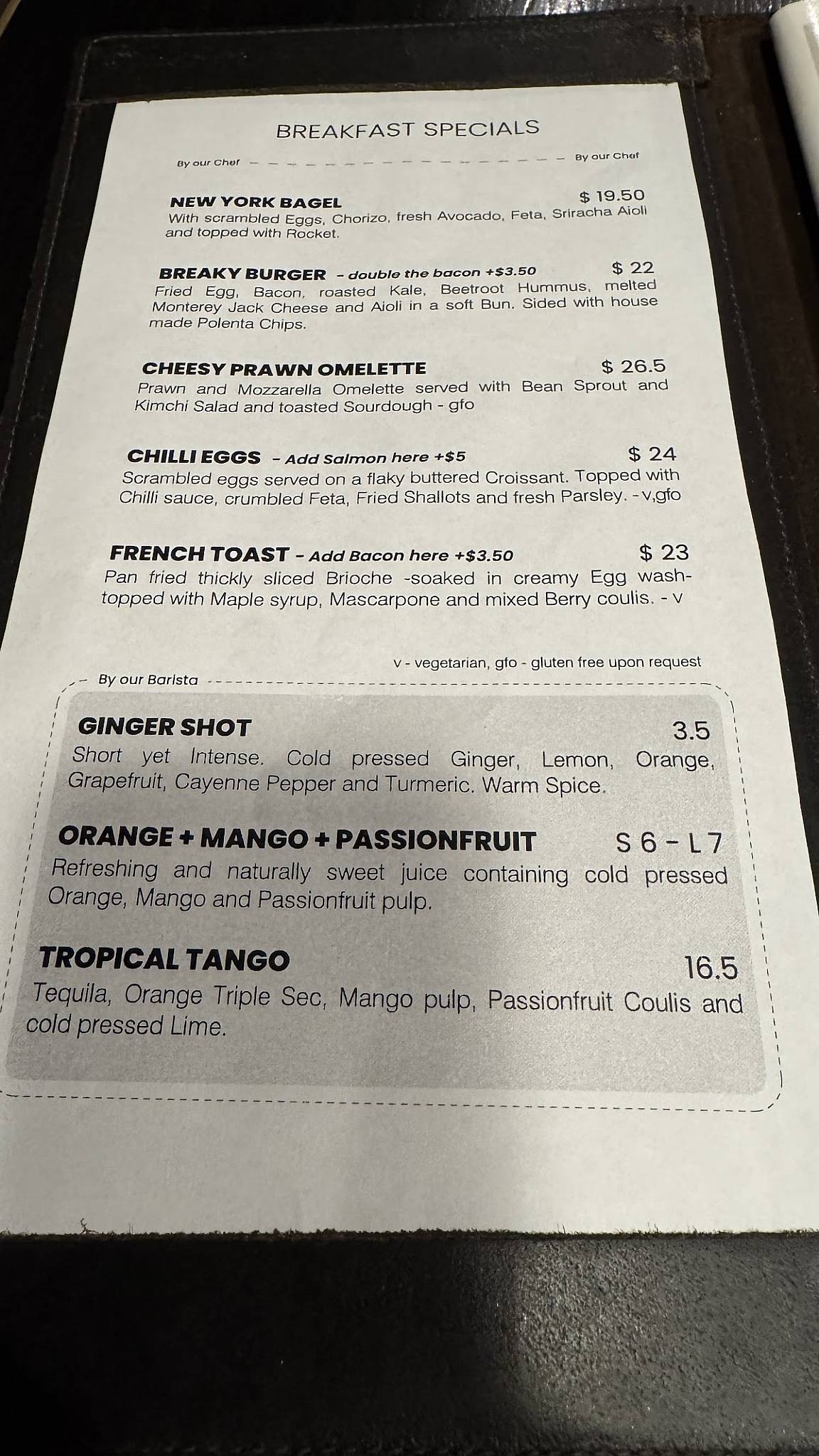 Menu at The Quarter restaurant, Melbourne