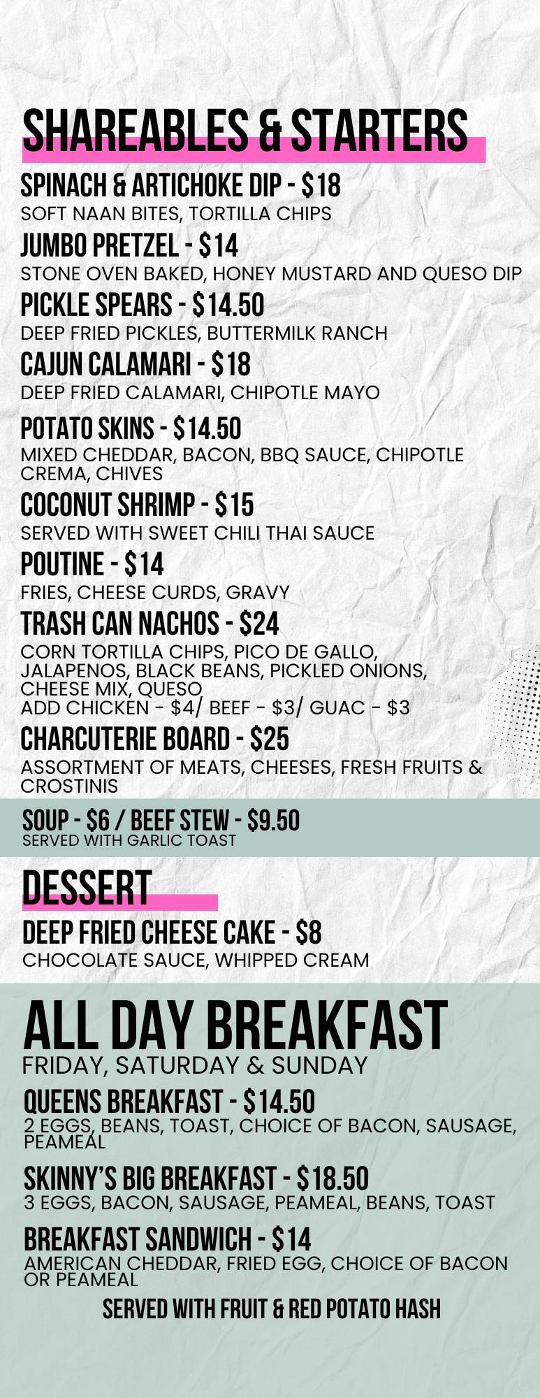 Menu at The Queens Hotel pub & bar, Barrie