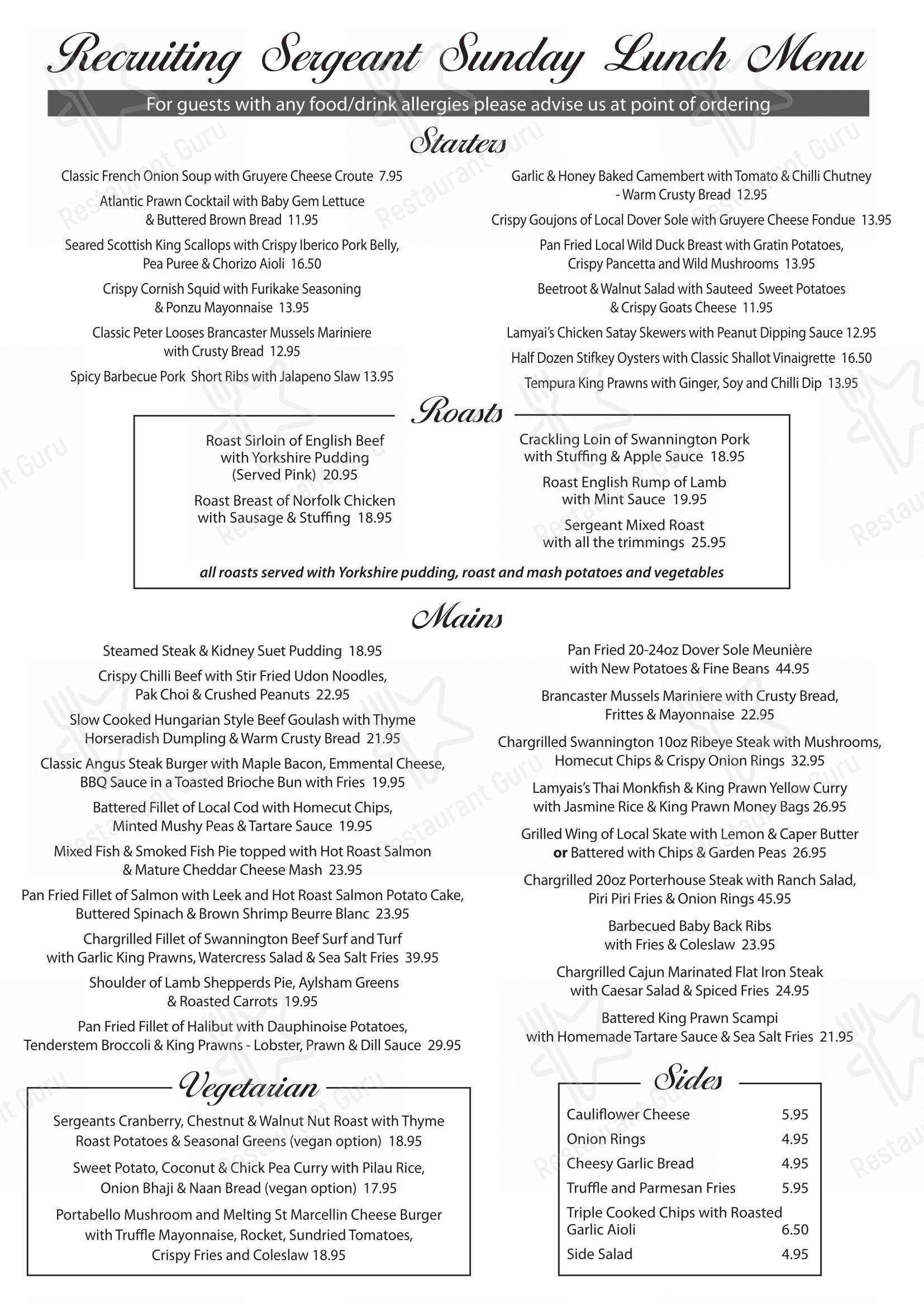 Menu at The Recruiting Sergeant pub & bar, Norwich