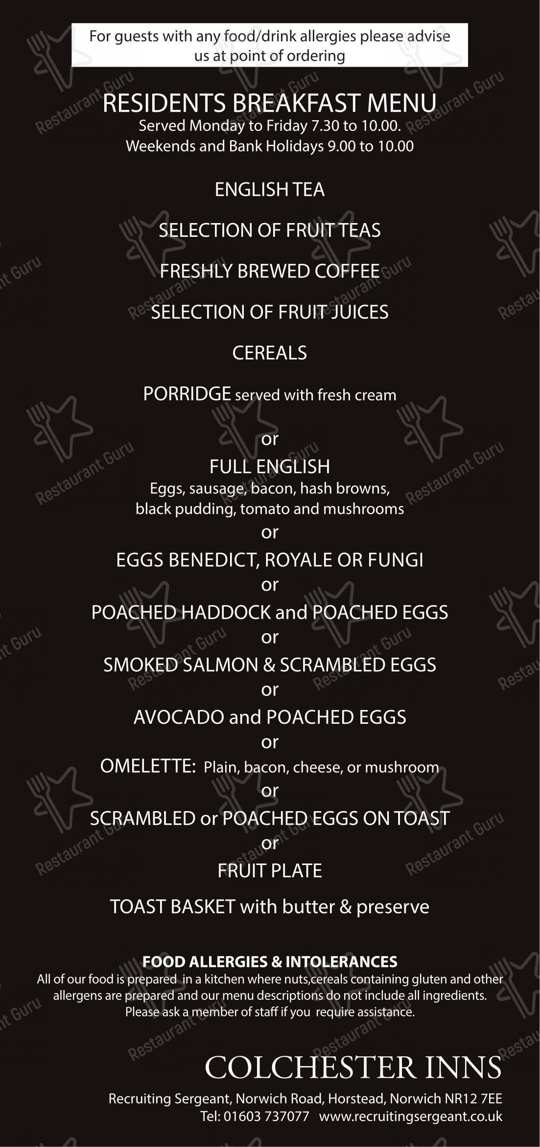 Menu at The Recruiting Sergeant pub & bar, Norwich