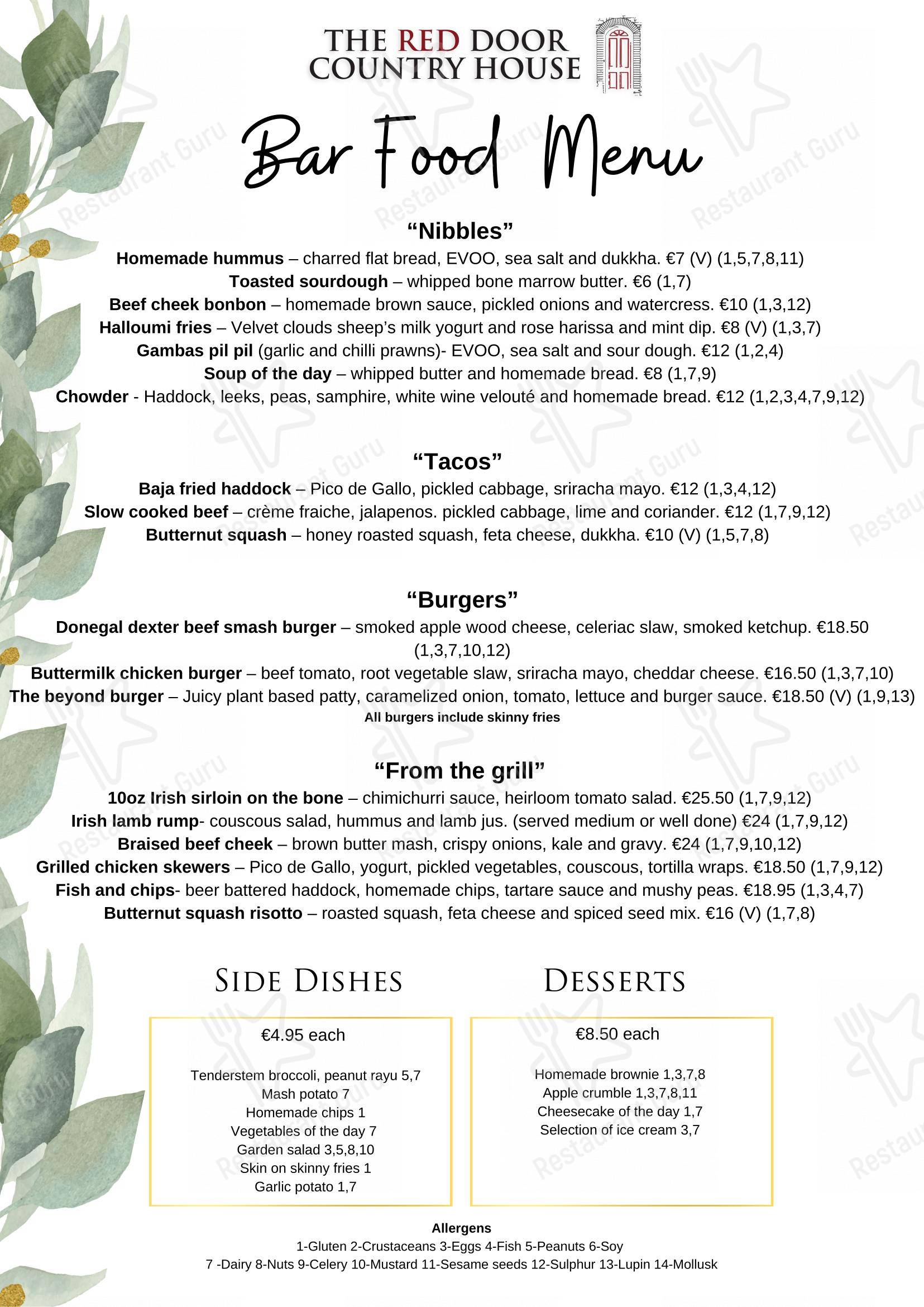 Menu at The Red Door Country House pub & bar, Fahan