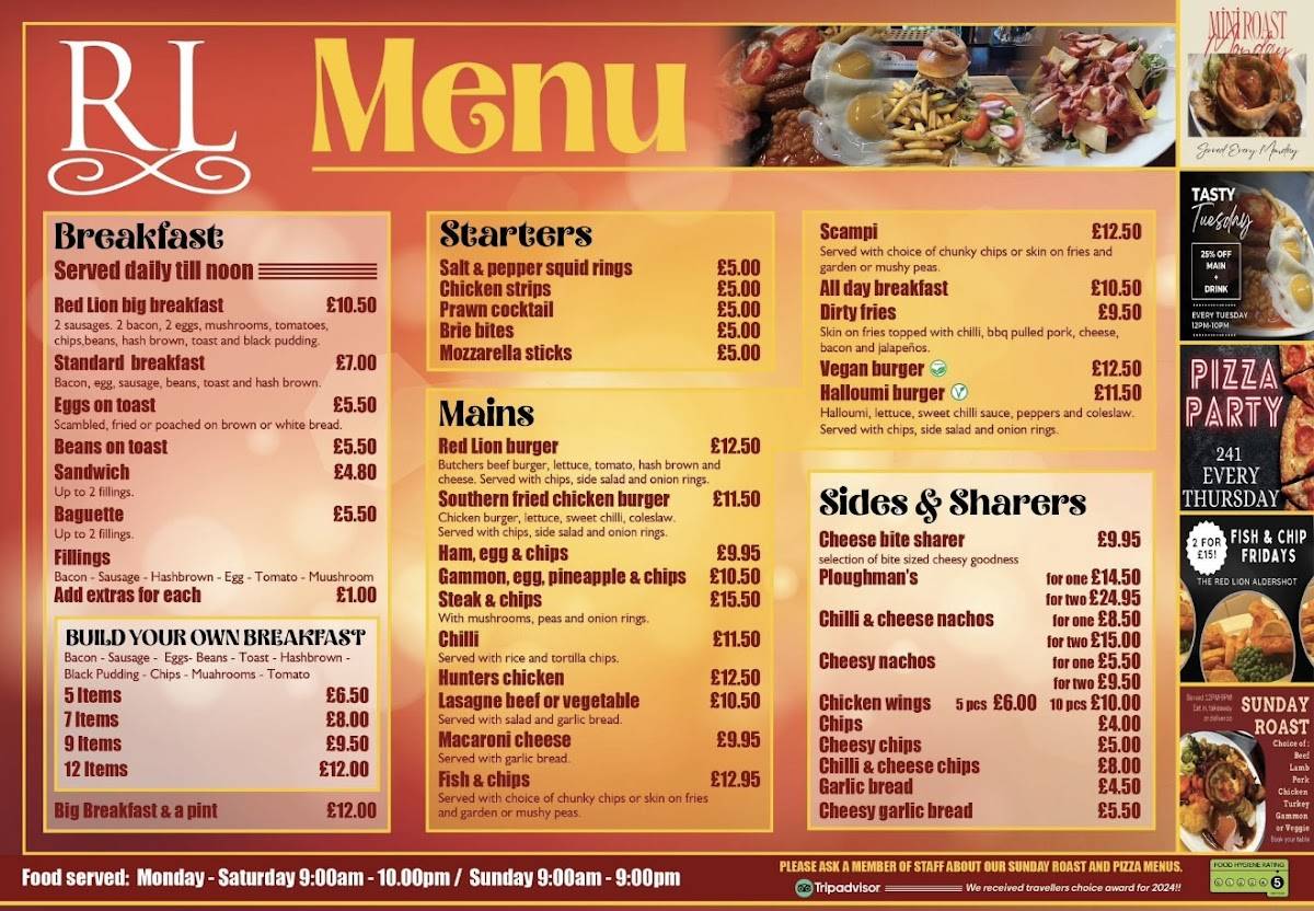 Menu at The Red Lion pub & bar, Aldershot