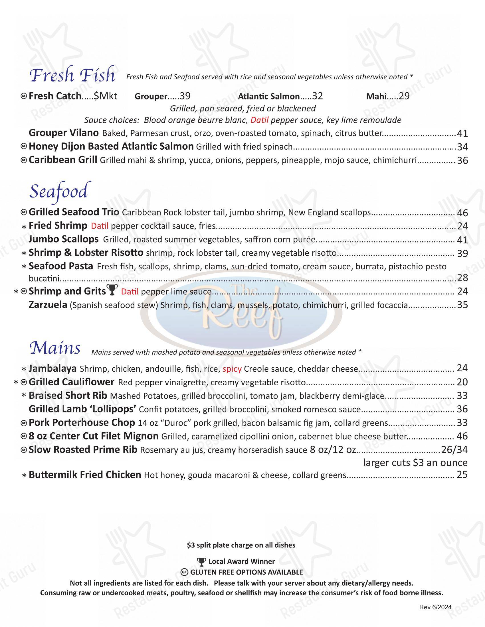 Menu at The Reef restaurant, St. Augustine