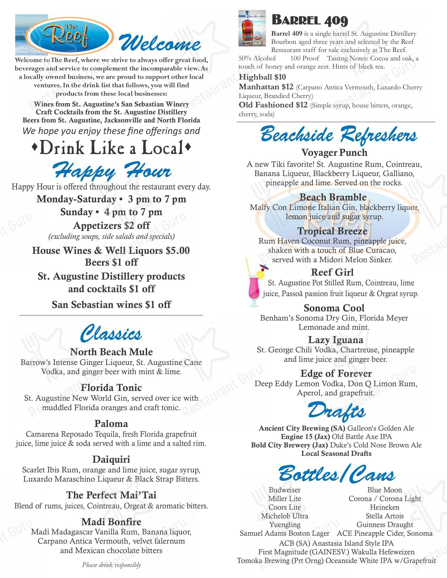 Menu at The Reef restaurant, St. Augustine