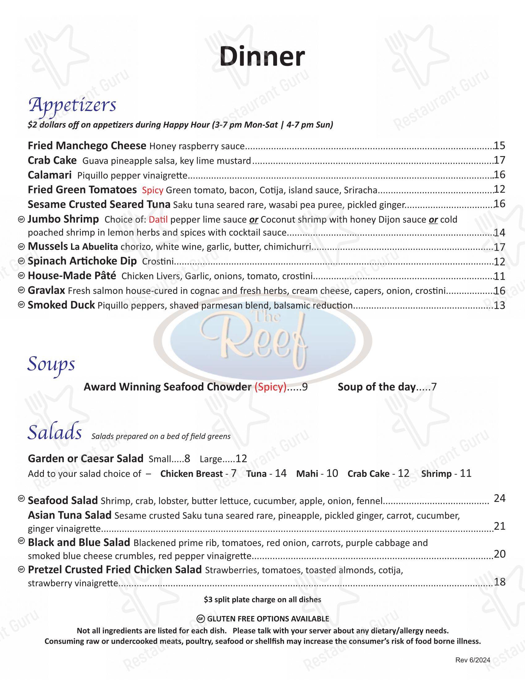 Menu at The Reef restaurant, St. Augustine