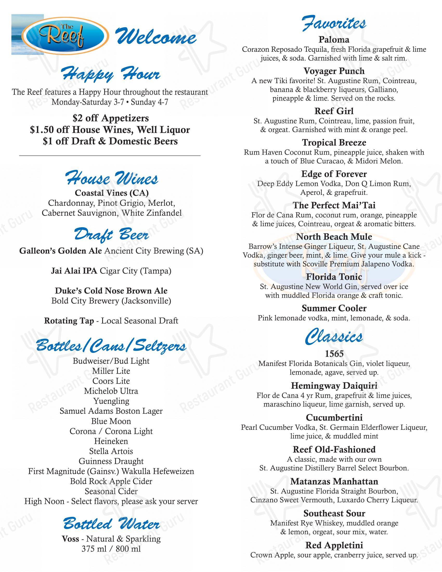 Menu at The Reef restaurant, St. Augustine