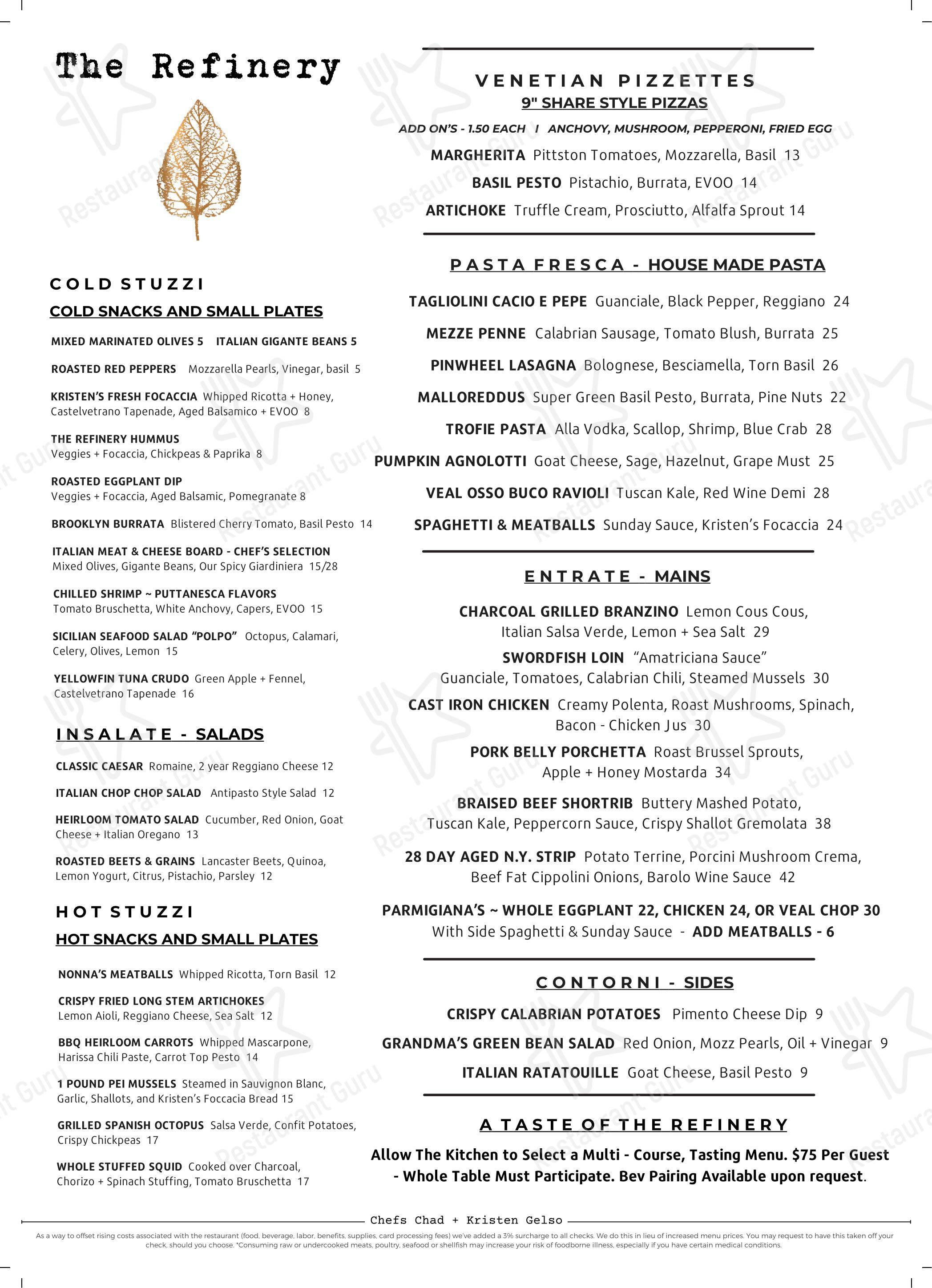 Menu at The Refinery restaurant, Pittston