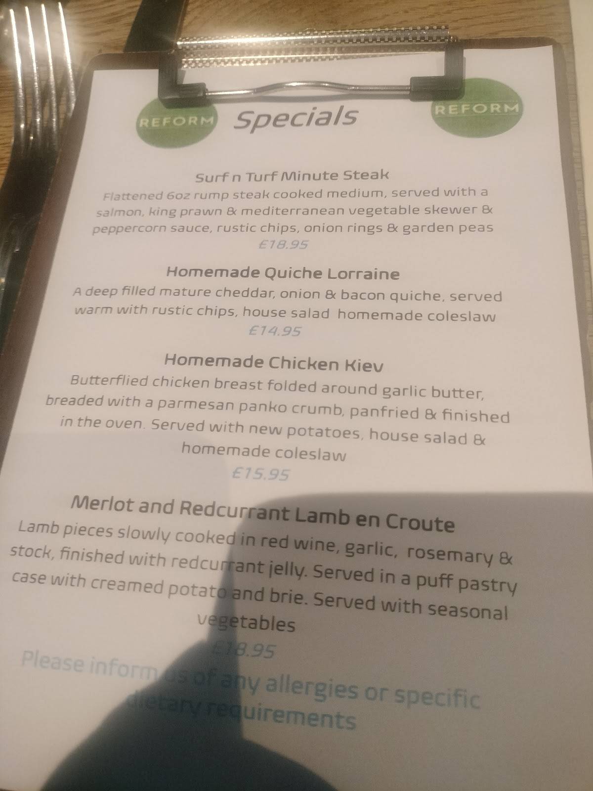 Menu at The Reform Inn pub & bar, Leek