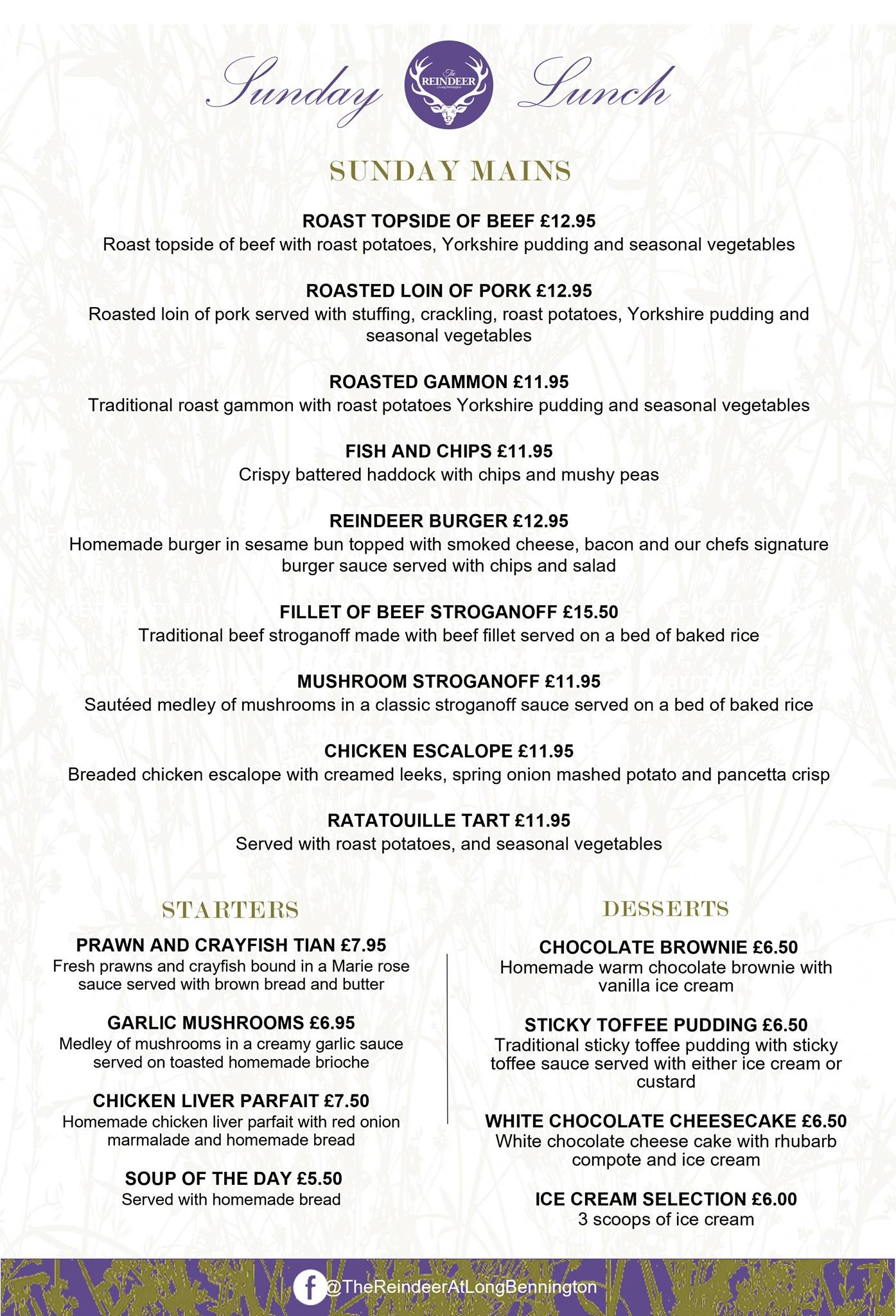 Menu at The Reindeer at Long Bennington pub & bar, Long Bennington