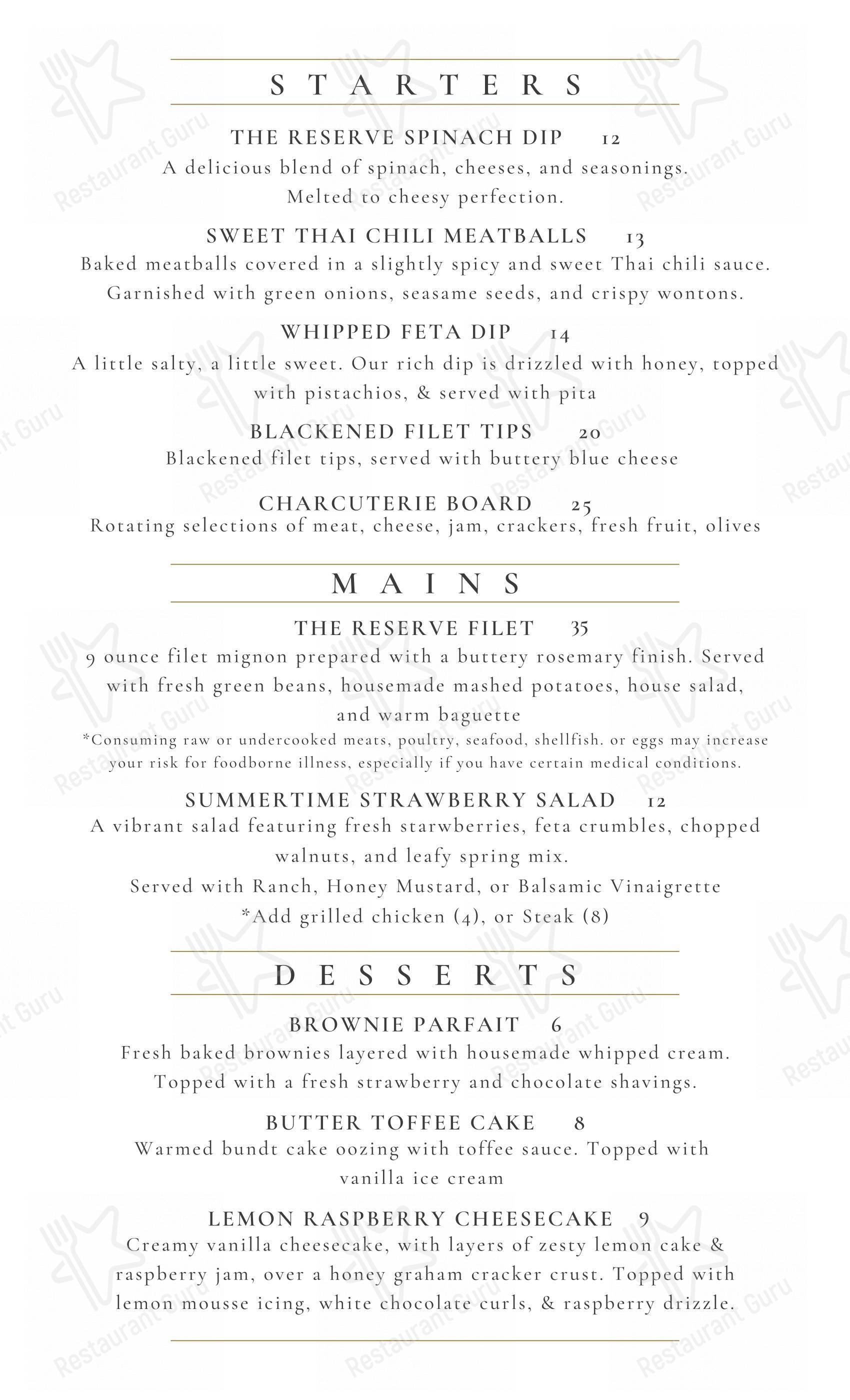 Menu at The Reserve pub & bar, Kingsport