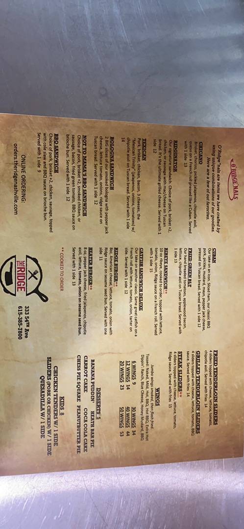 Menu at The Ridge BBQ, Nashville