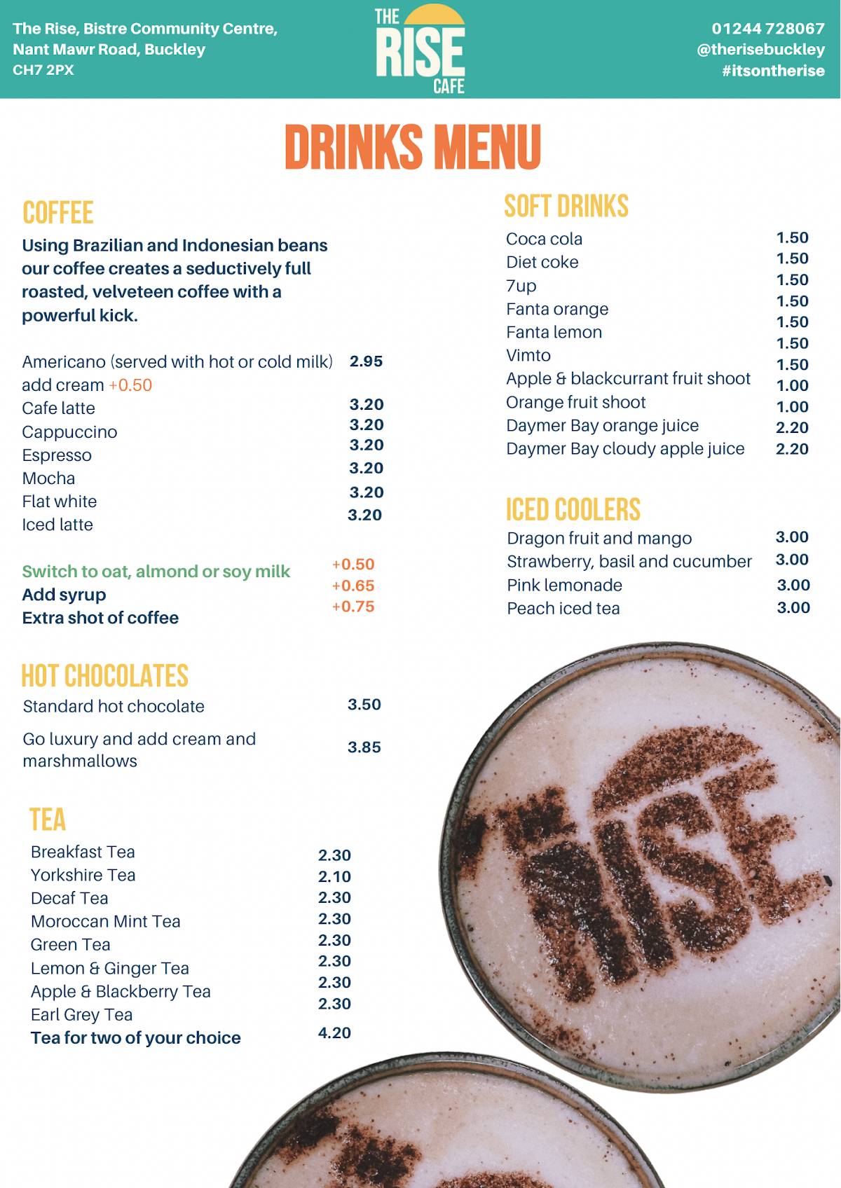 Menu at The Rise cafe, Buckley