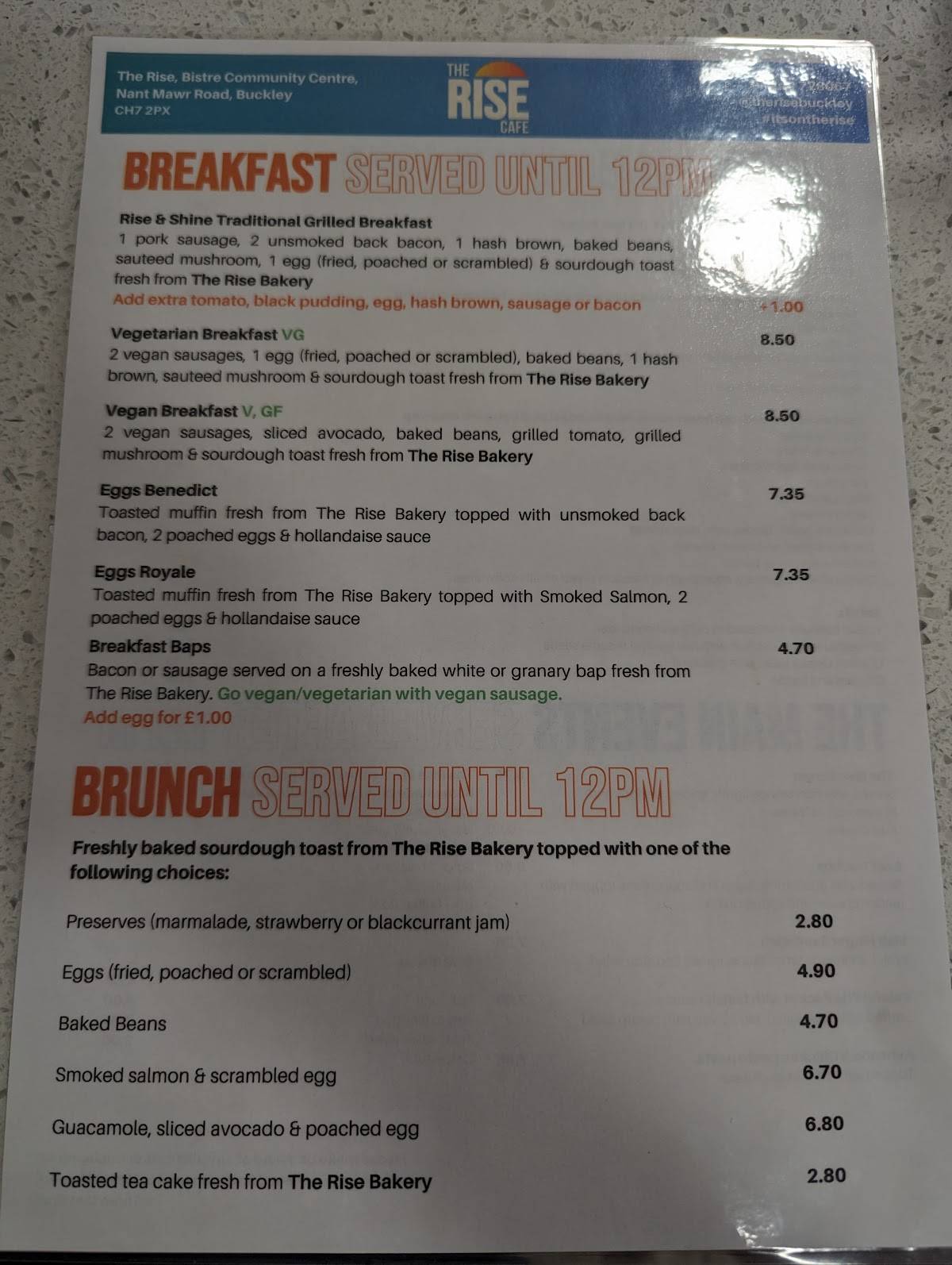 Menu at The Rise cafe, Buckley