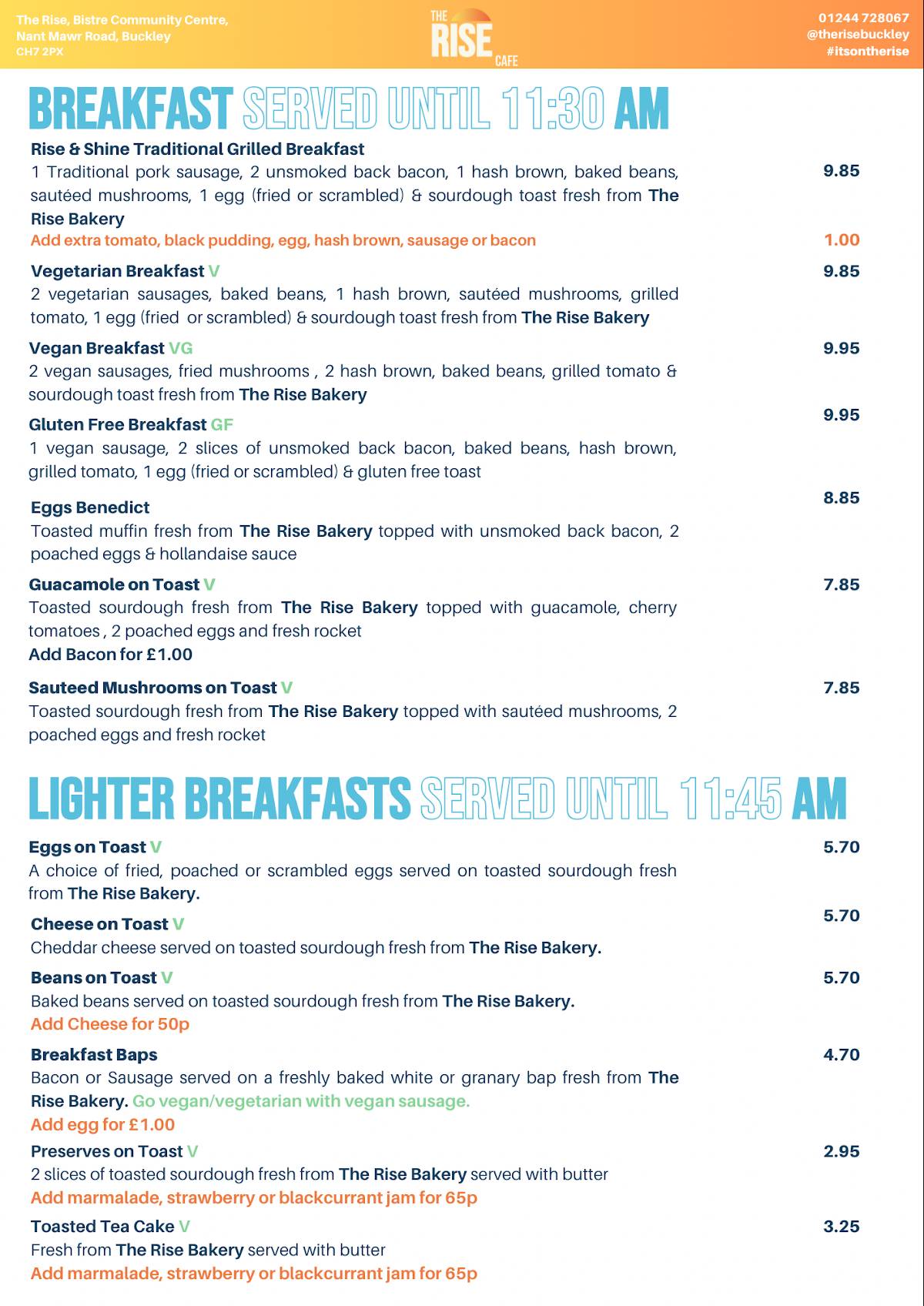 Menu at The Rise cafe, Buckley