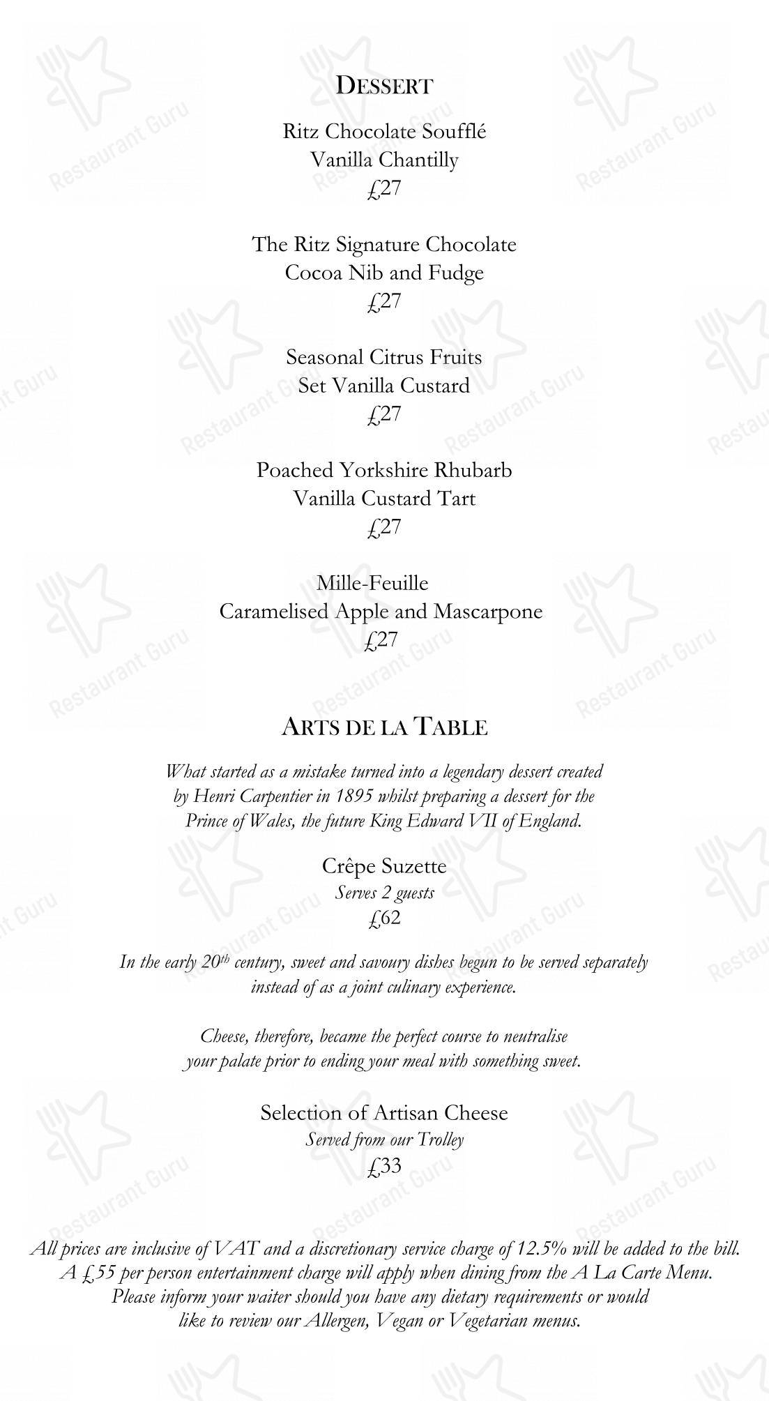 Menu at The Ritz Restaurant, London