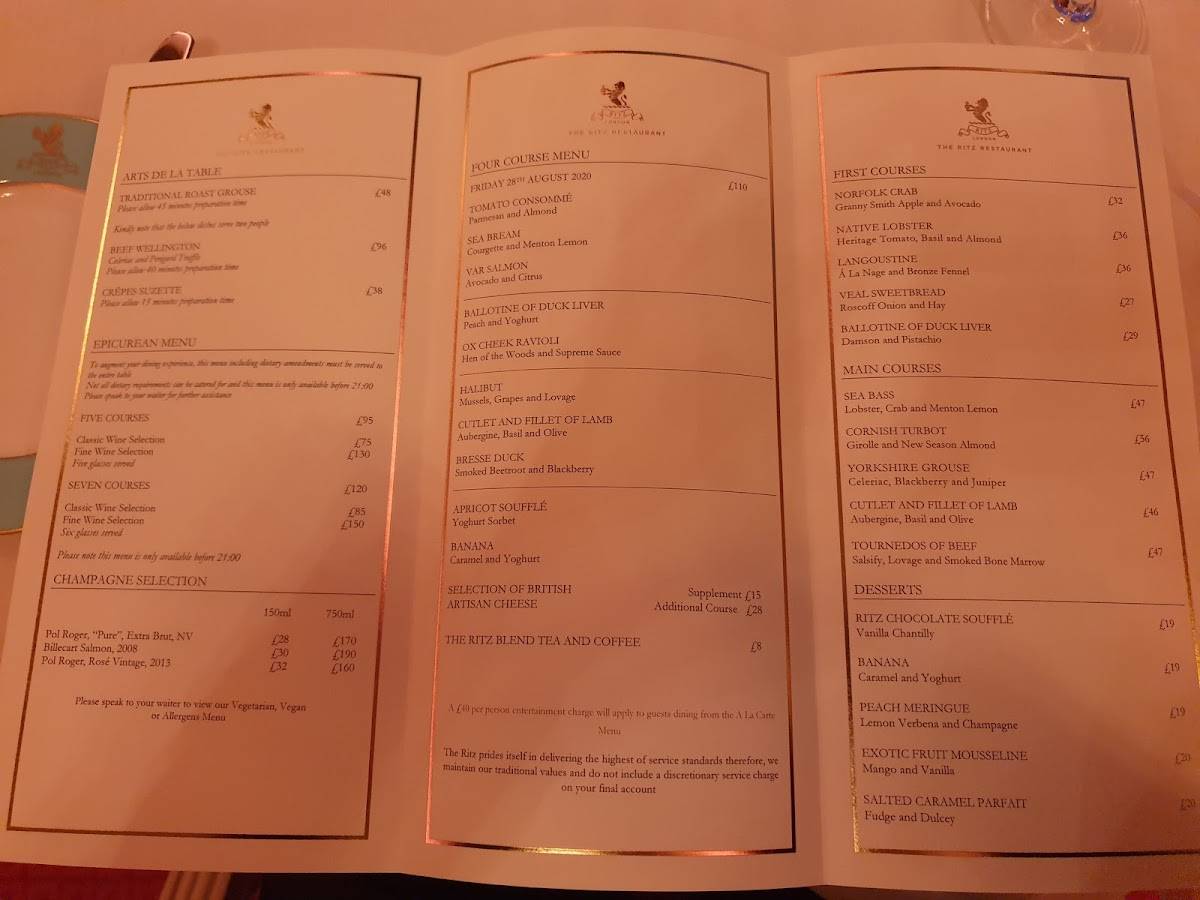 Menu at The Ritz Restaurant, London