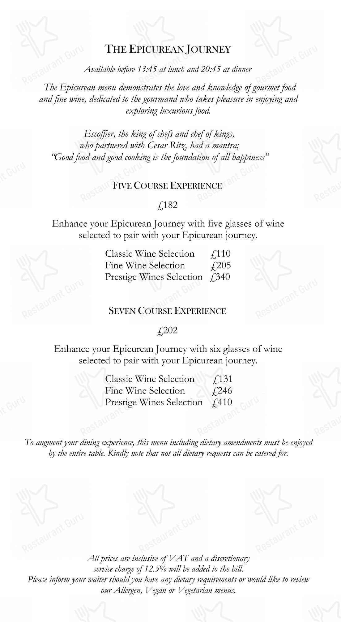 Menu at The Ritz Restaurant, London