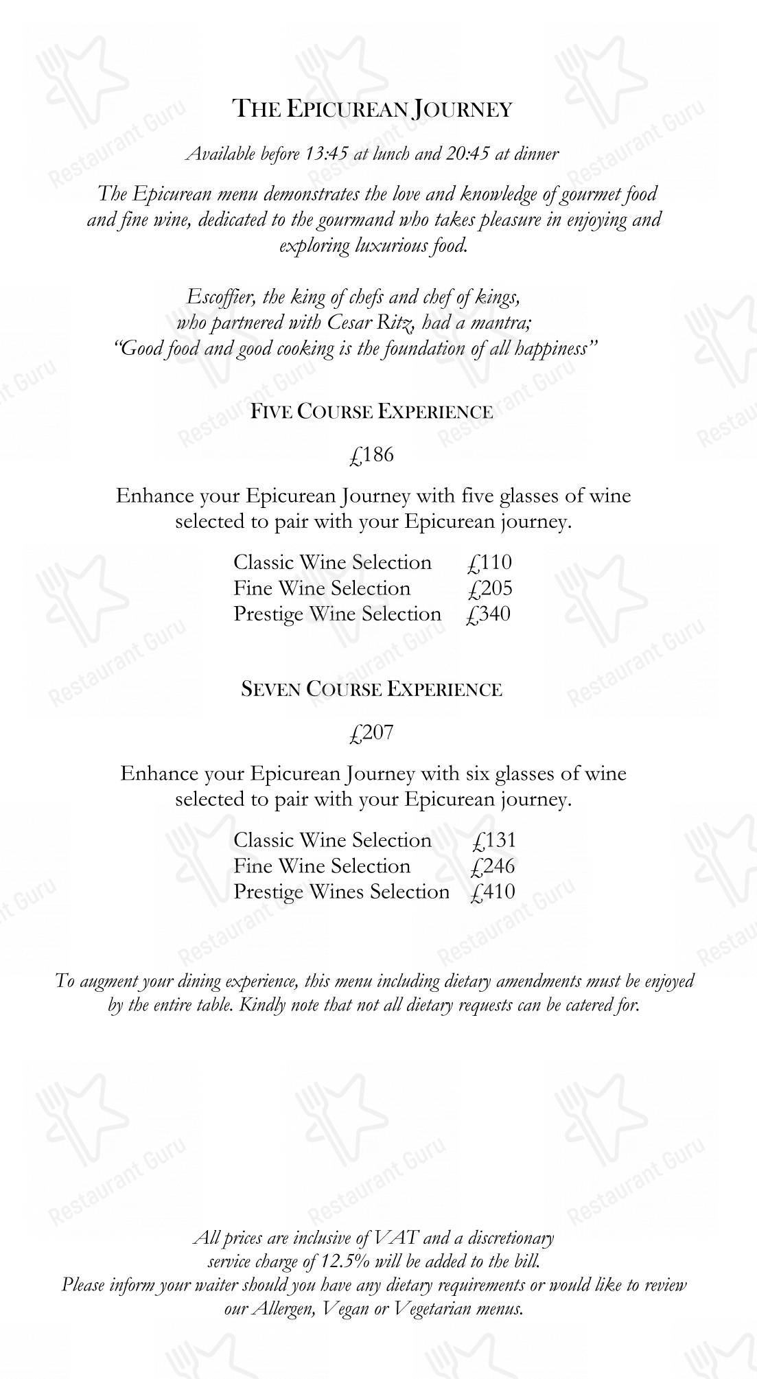 Menu at The Ritz Restaurant, London