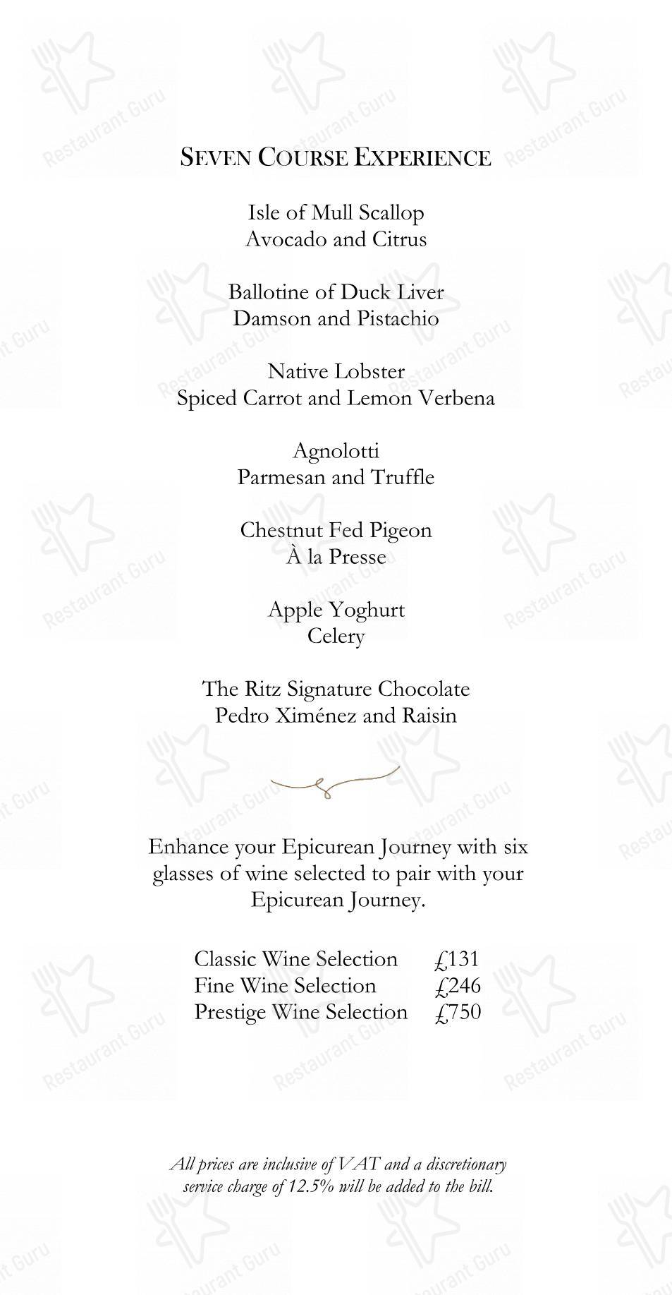 Menu at The Ritz Restaurant, London