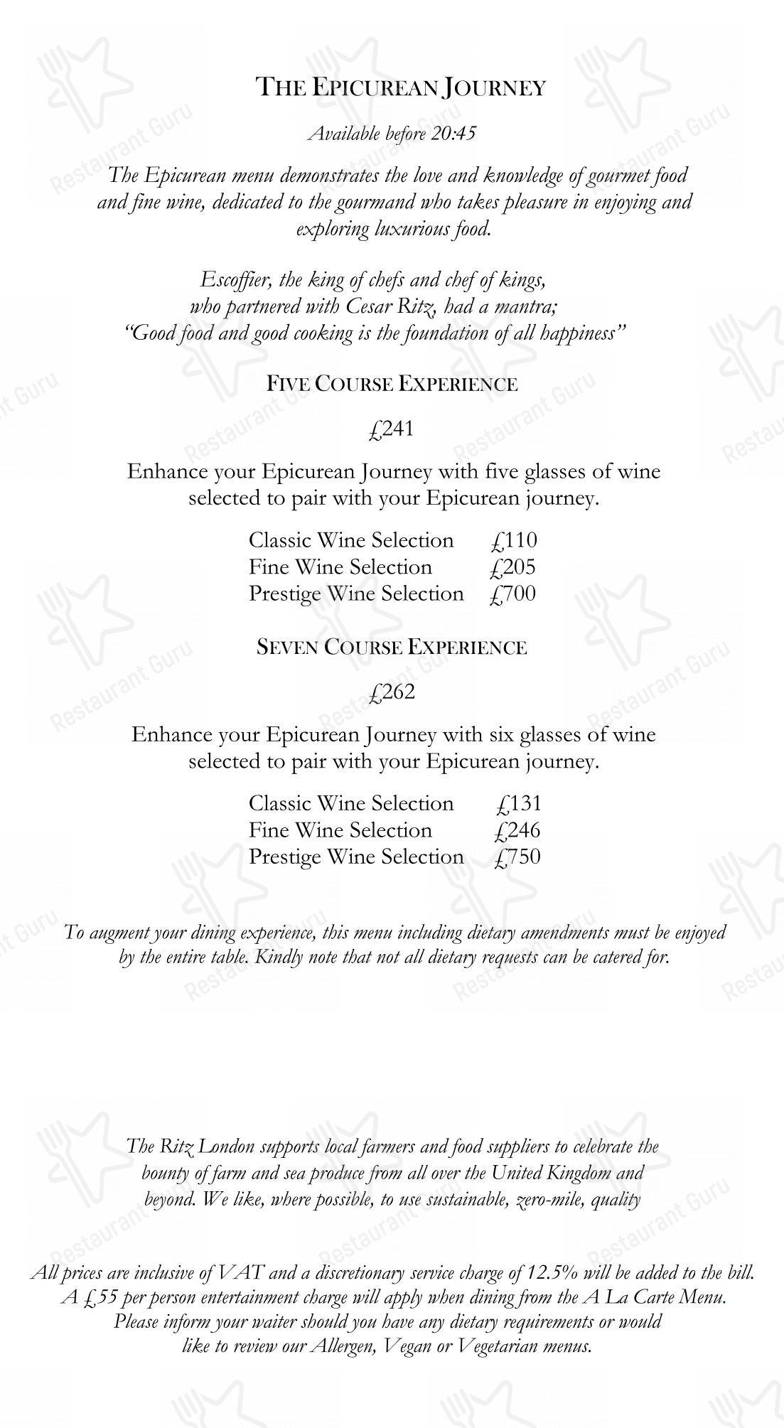 Menu at The Ritz Restaurant, London