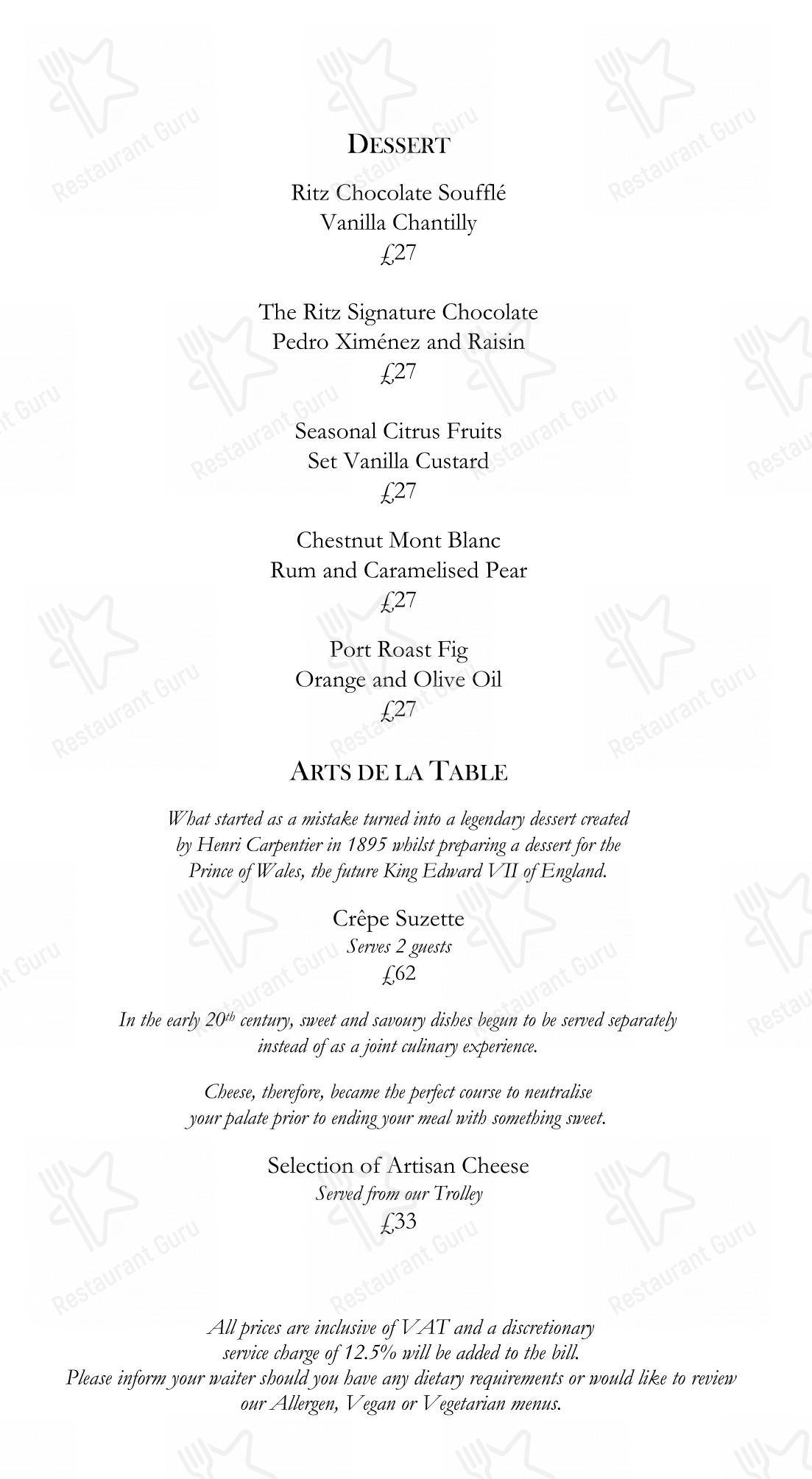Menu at The Ritz Restaurant, London