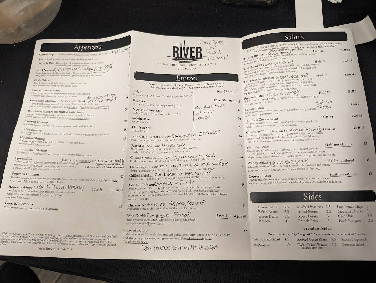 Menu at The River & Sandbar, Batesville