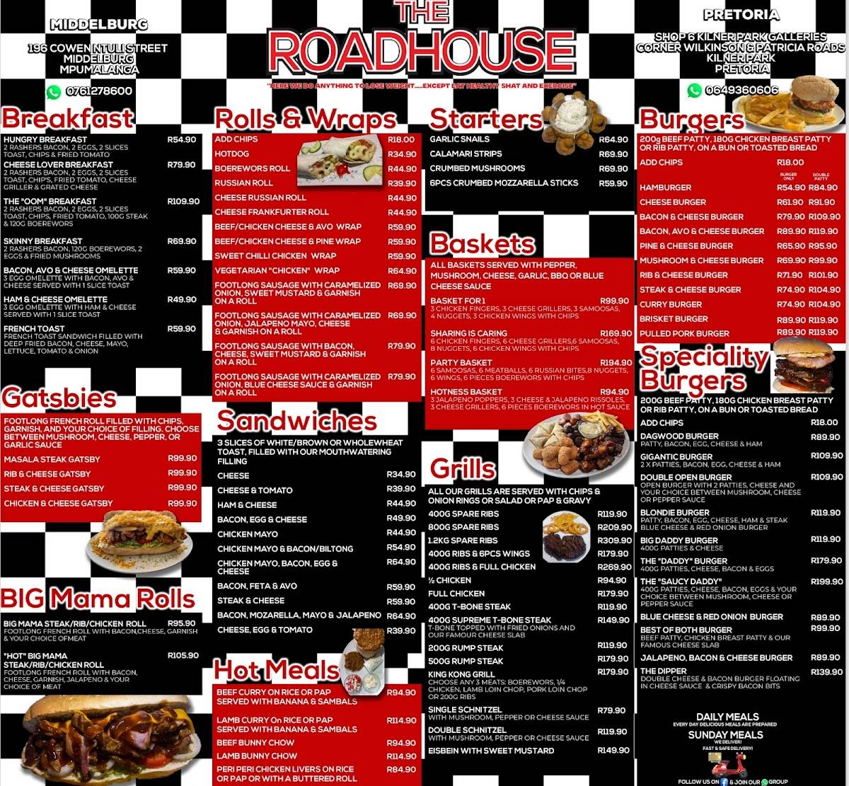 Menu at The Roadhouse 1 restaurant, Middelburg