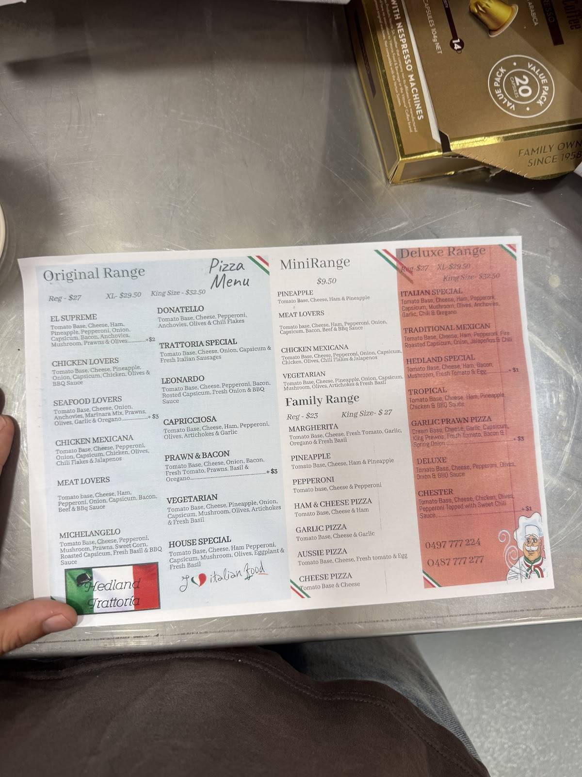 Menu at Hedland Trattoria restaurant, South Hedland