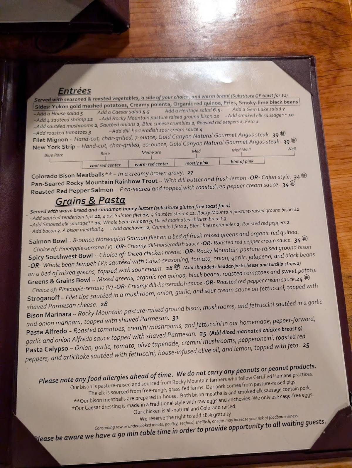 Menu at The Rock Inn Mountain Tavern steakhouse, Estes Park