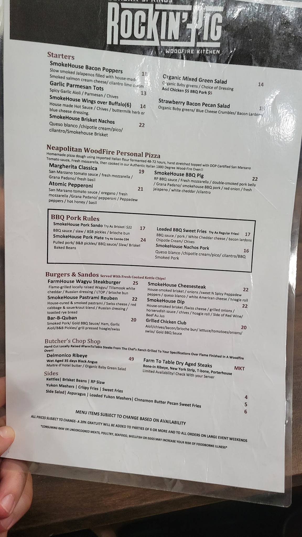 Menu at The Rockin' Pig BBQ, Eureka Springs