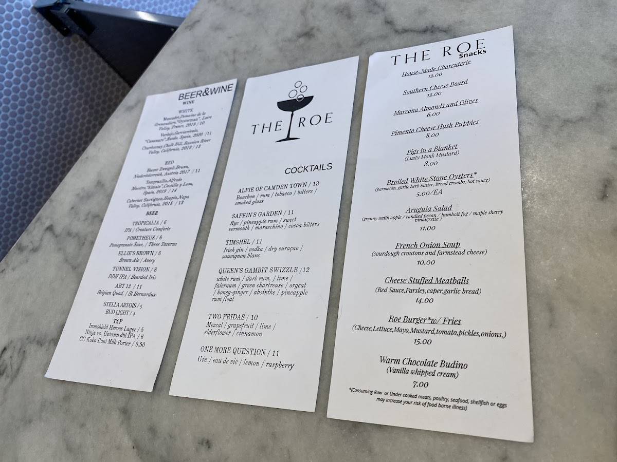 Menu at The Roe restaurant, Monroe