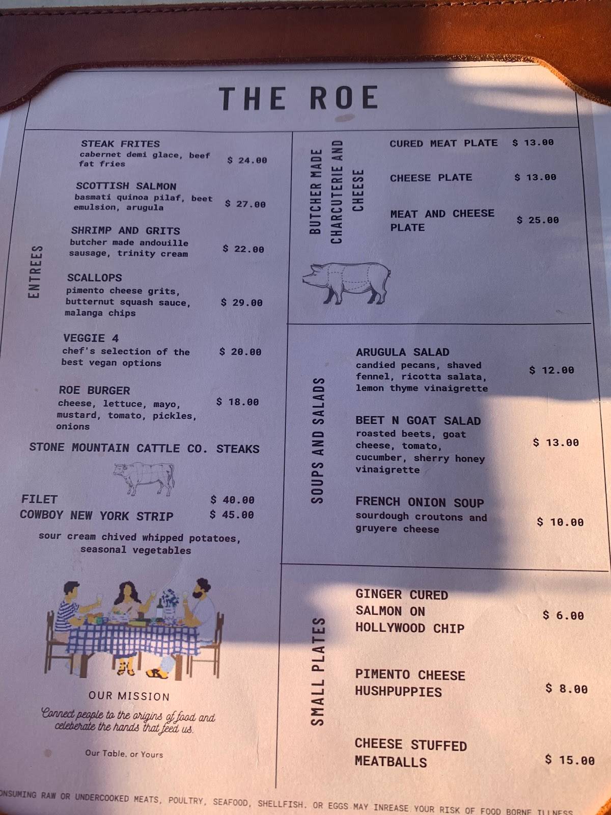 Menu at The Roe restaurant, Monroe