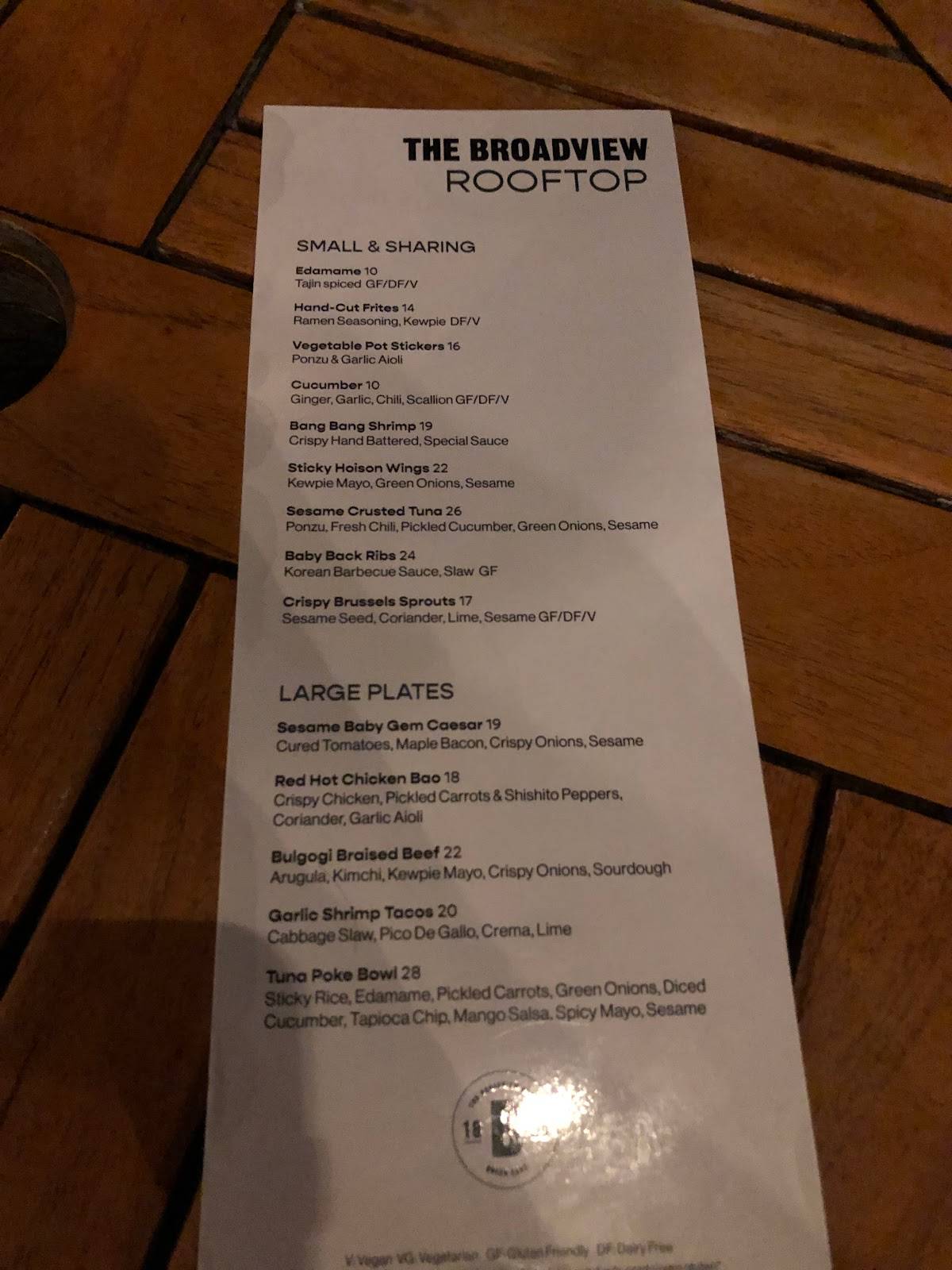 Menu at The Rooftop pub & bar, Toronto, The Broadview Hotel