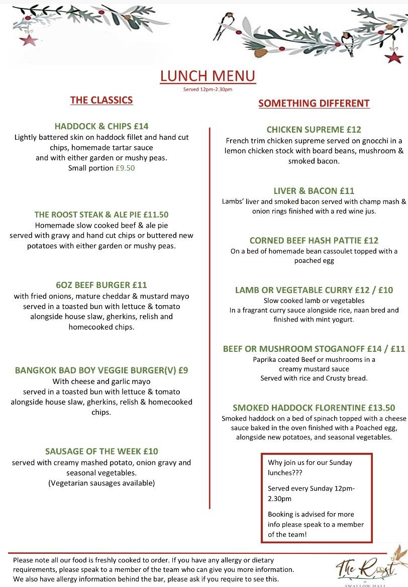 Menu at The Roost restaurant, York, Wheldrake Lane
