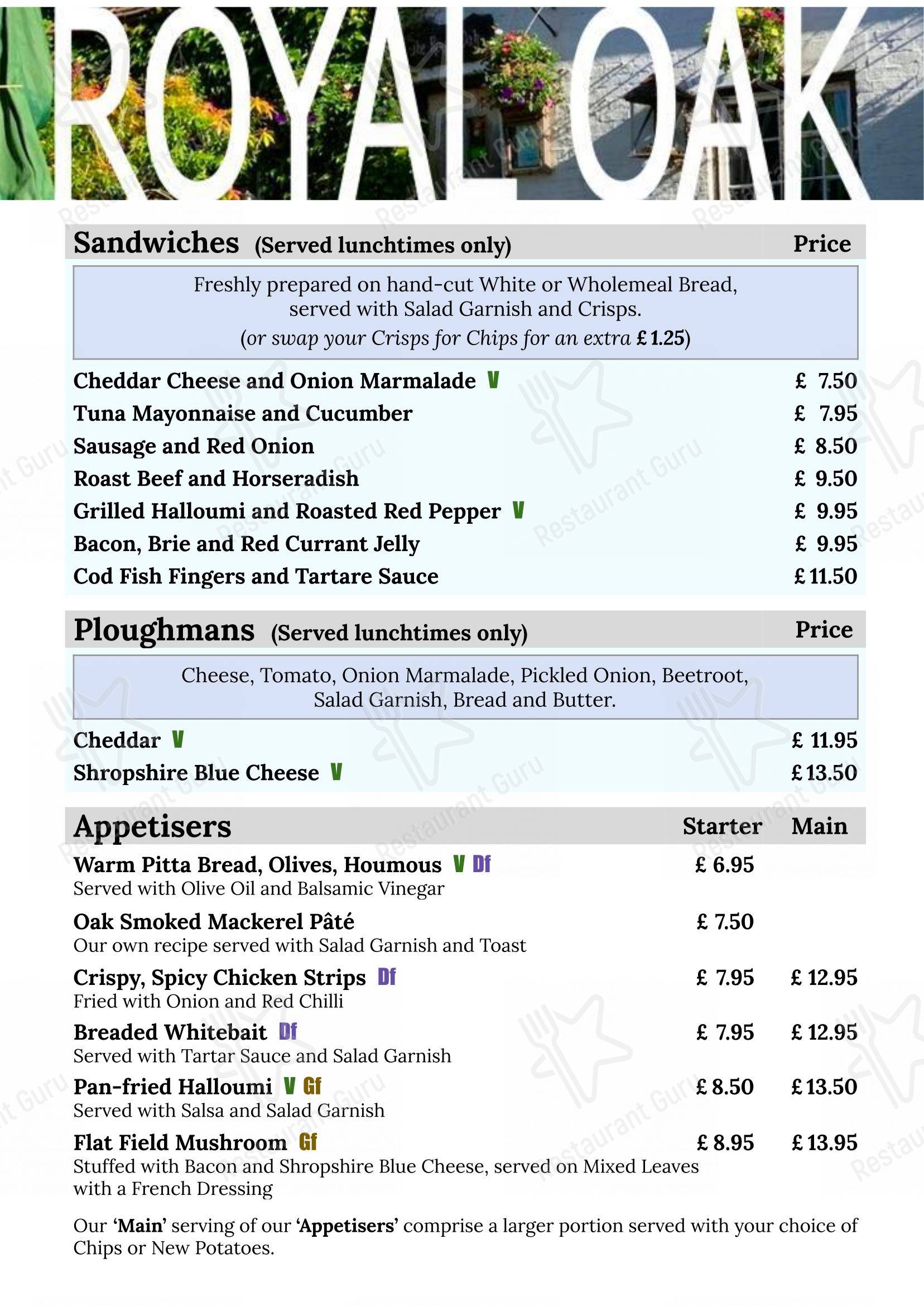 Menu at The Royal Oak pub & bar, England, Cardington