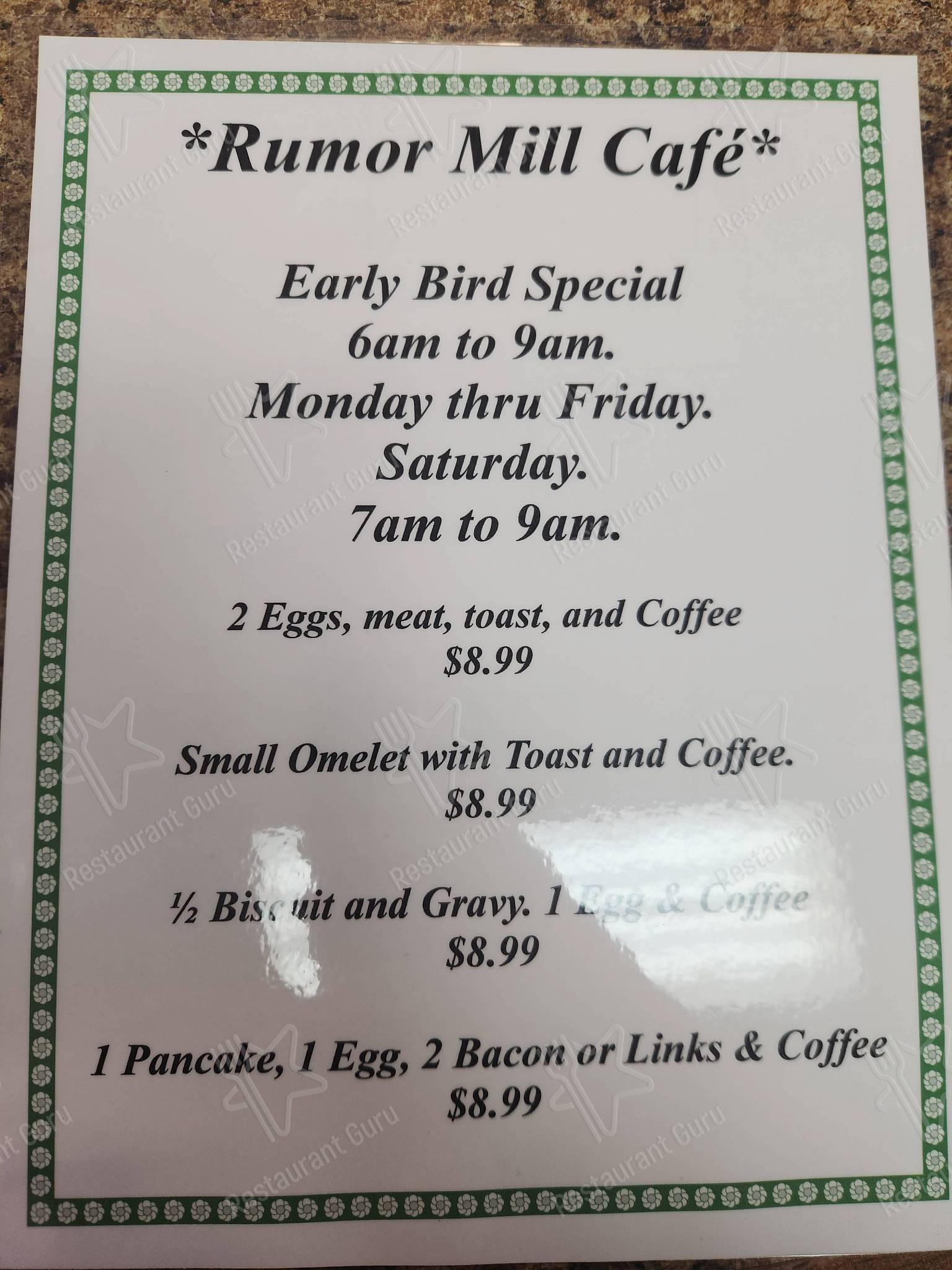 Menu at The Rumor Mill Cafe, Defiance
