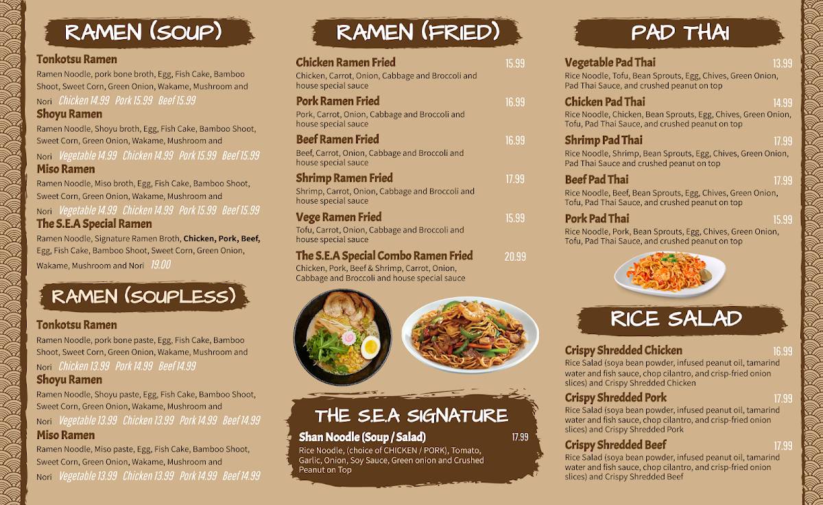 Menu at The S.E.A Ramen & Asian Kitchen restaurant, Knoxville