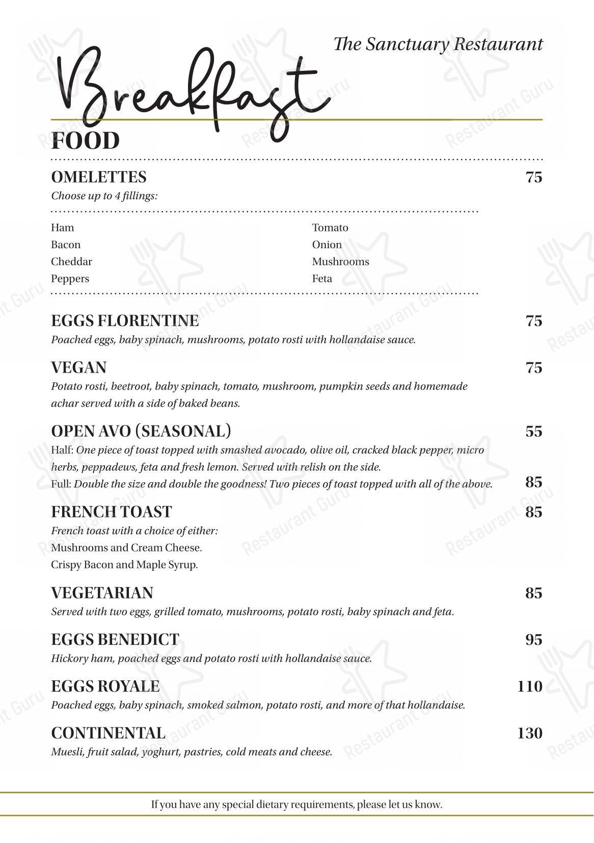 Menu at The Sanctuary Restaurant, Cape Town