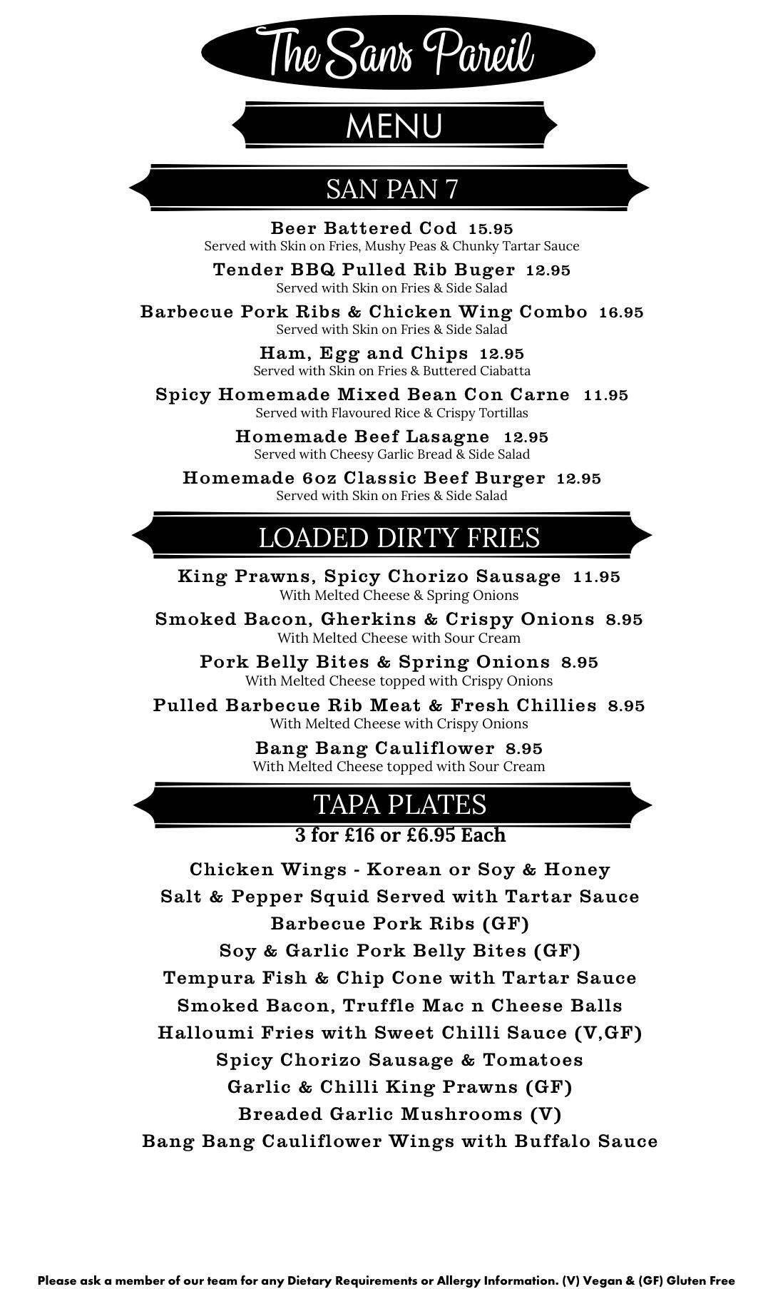 Menu at The Sans Pareil pub & bar, Rochester