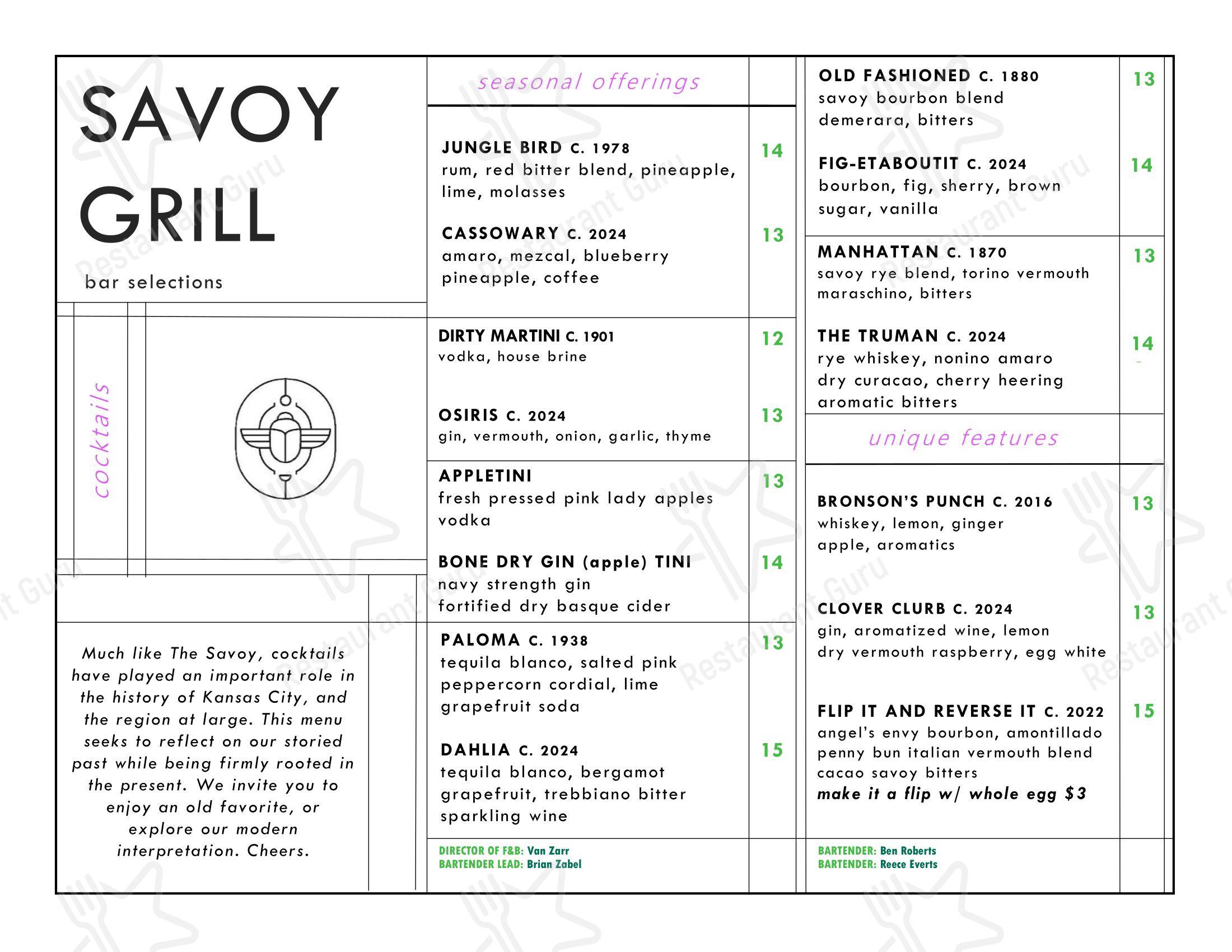 Menu at The Savoy pub & bar, Kansas City