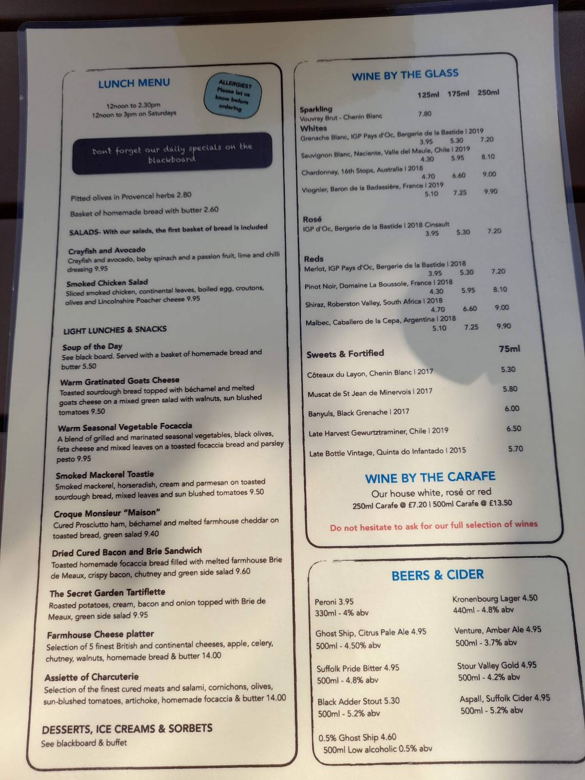Menu at The Secret Garden restaurant, Sudbury