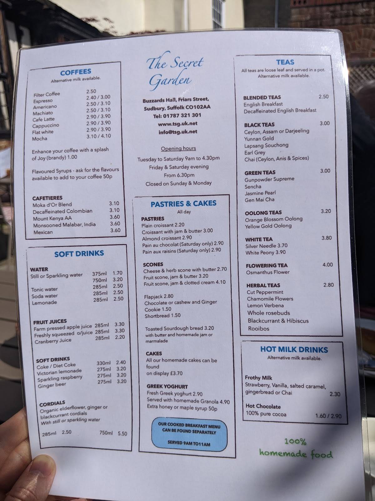 Menu at The Secret Garden restaurant, Sudbury