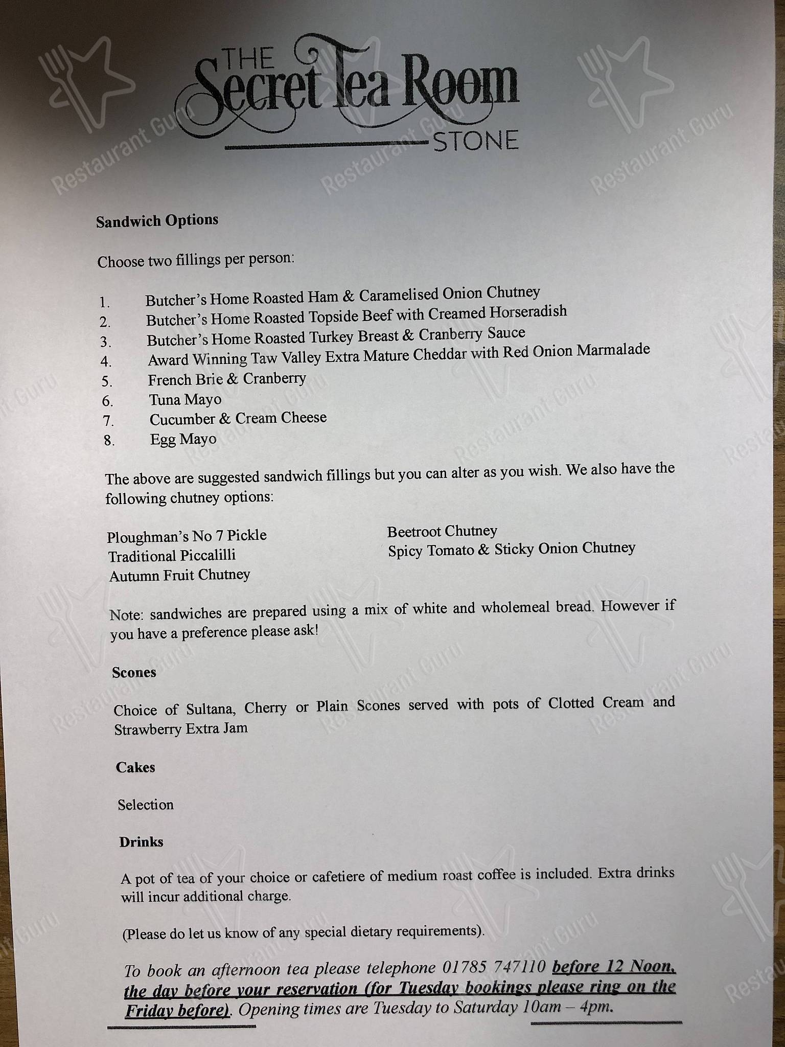 Menu at The Secret Tea Room cafe, Stone