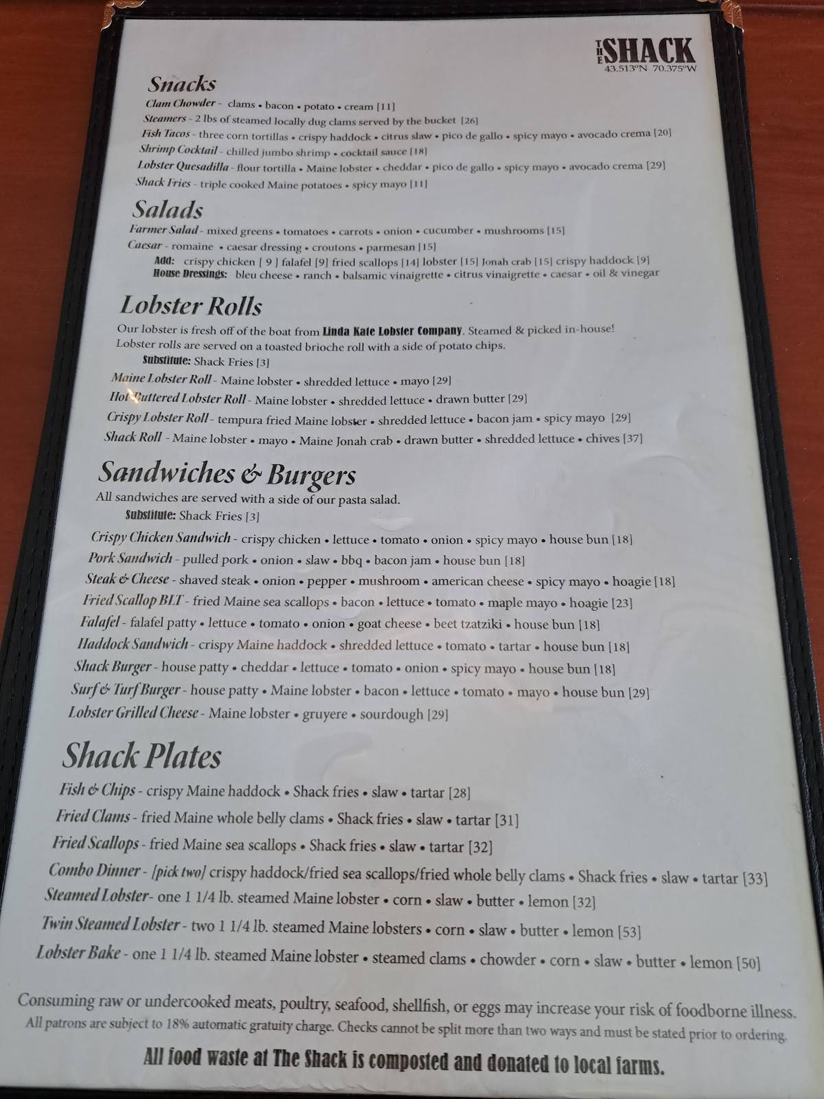Menu at The Shack restaurant, Old Orchard Beach