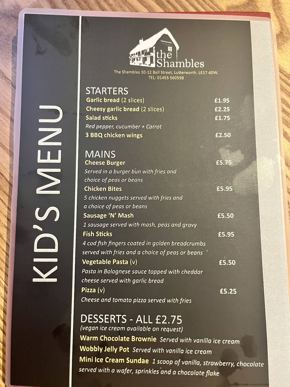 Menu at The Shambles pub & bar, Lutterworth