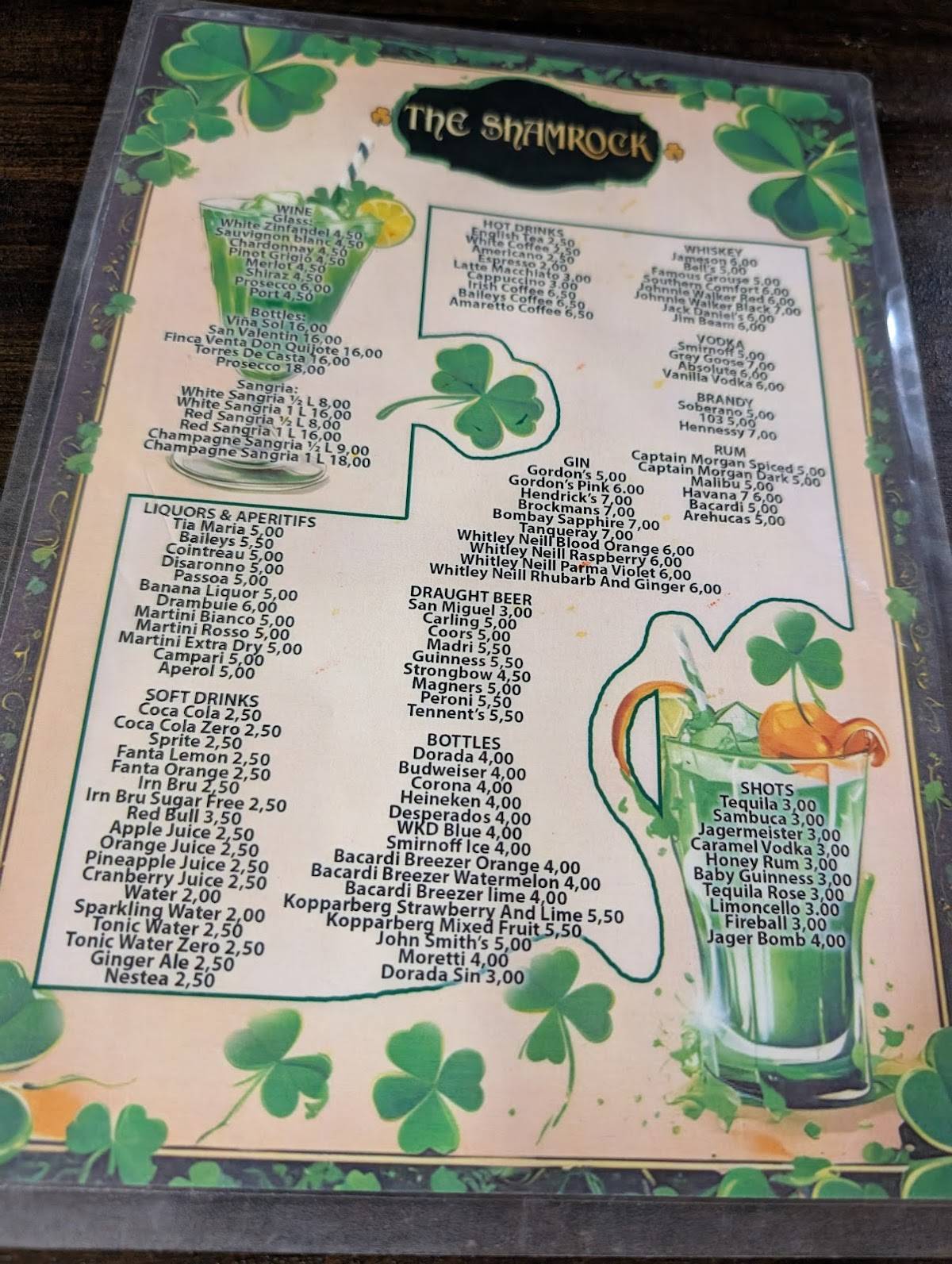 Menu at The Shamrock 2 pub & bar, Los Cristianos