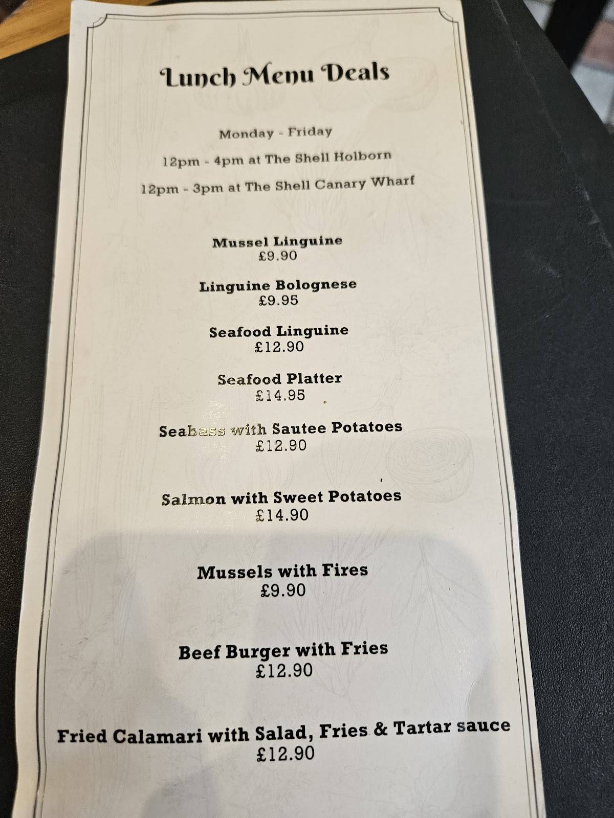 Menu at The Shell restaurant, London, 124 Southampton Row