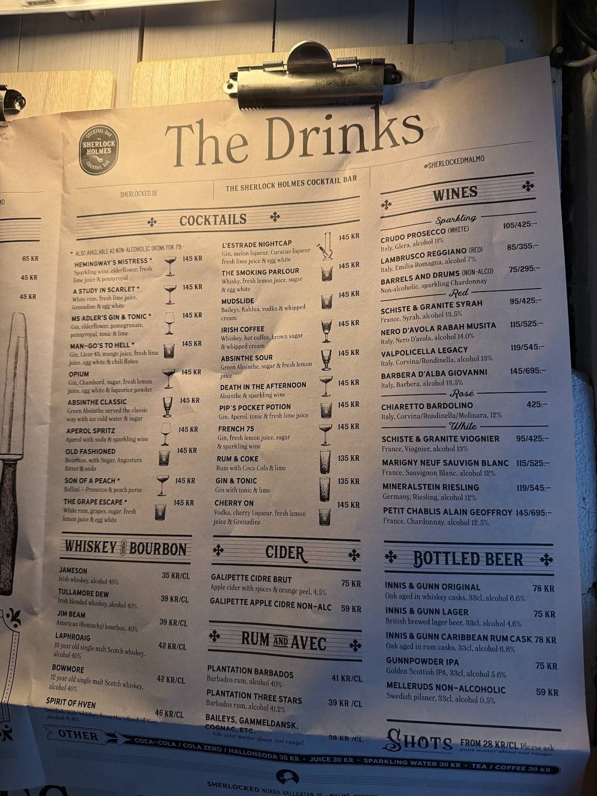 Menu at The Sherlock Holmes Cocktail Bar, Malmö, Norra Vallgatan 16