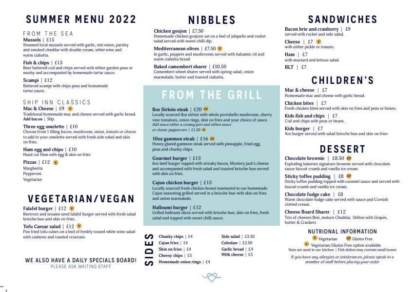 Menu at The Ship Inn pub & bar, Par
